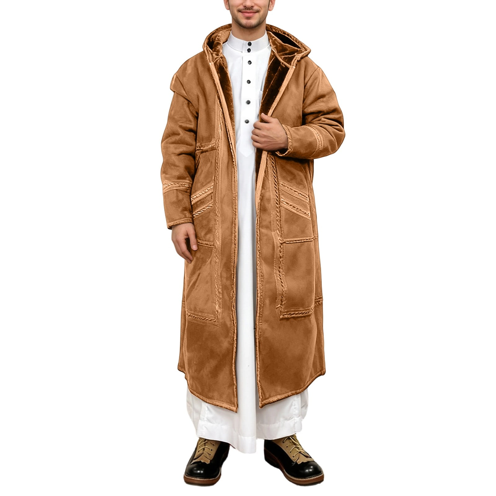 Jacket for Mens Winter Thick Warm Hooded Robe with Pockets Suede Nap ...