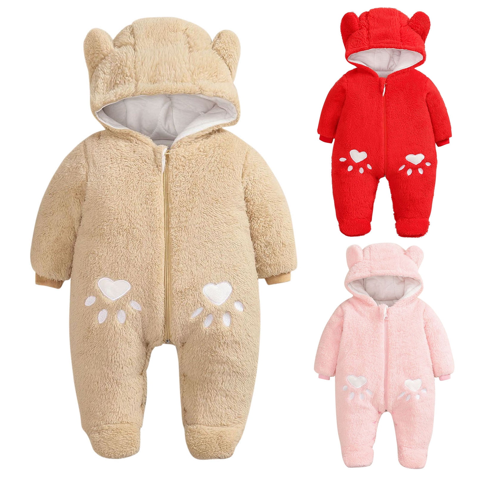Fleece Jumpsuit Coat Hooded Romper Baby Boy Girl Plush Cute Bear Ears Jacket Outerwear Footed ...