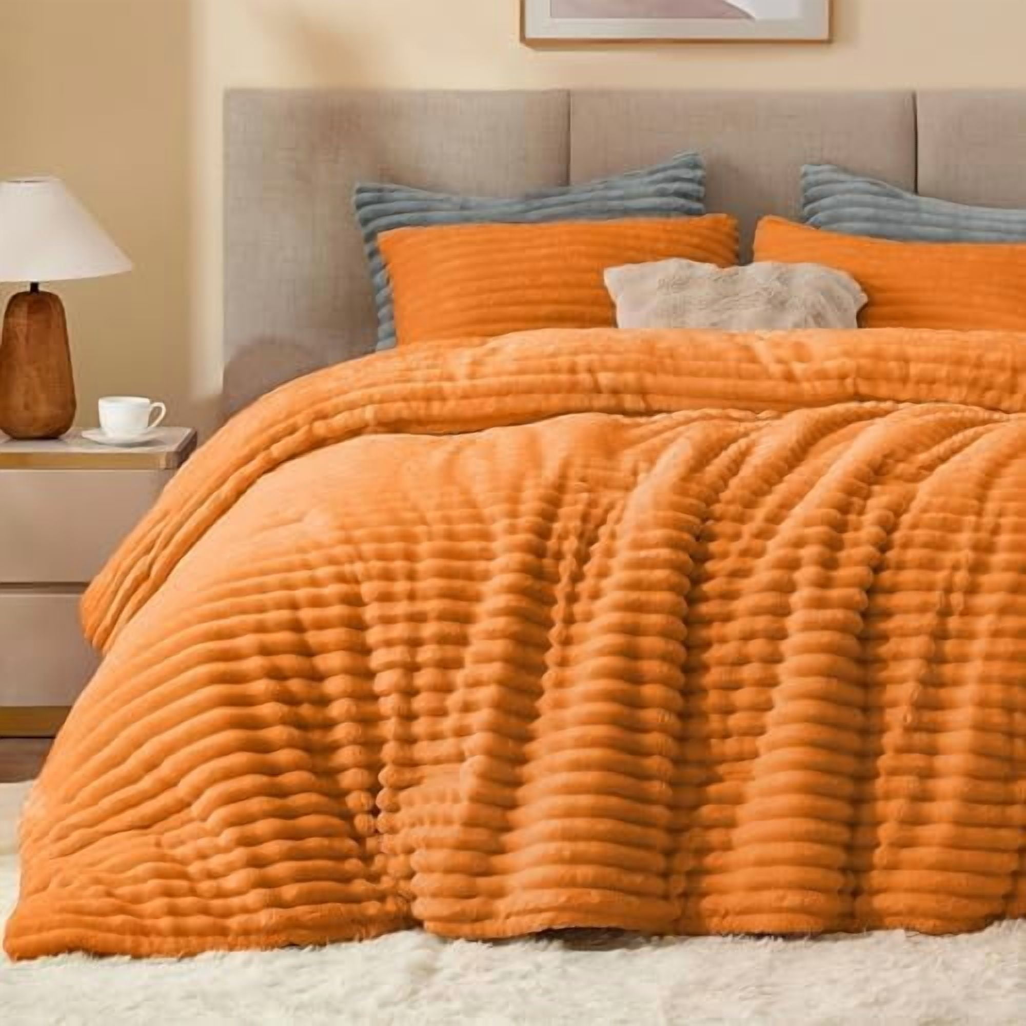 Fleece King Comforter Set -Super Soft & Warm Fluffy Rust Orange Bedding ...