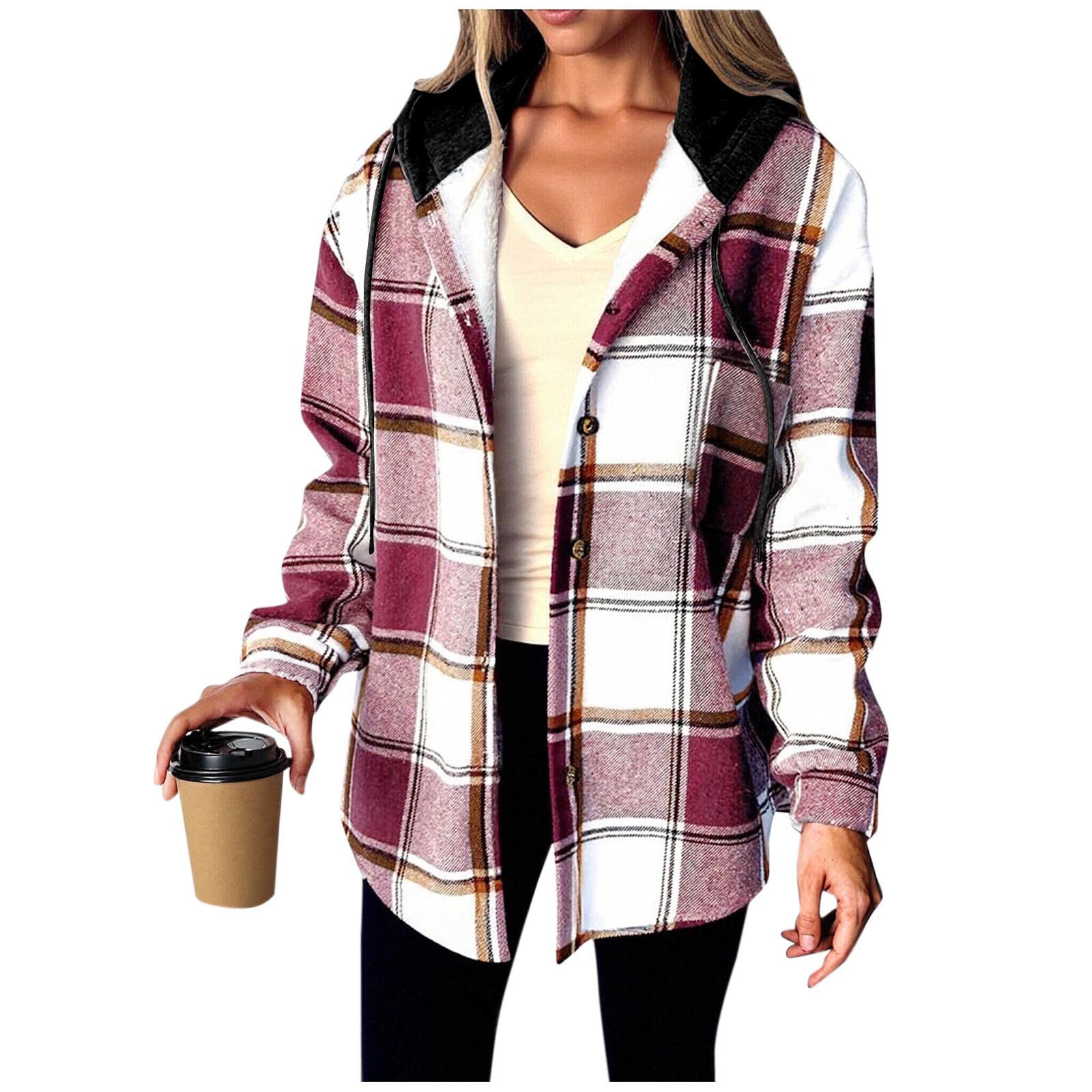 Fleece Liend Jackets for Women with Hood Casual Button Down Buffalo ...