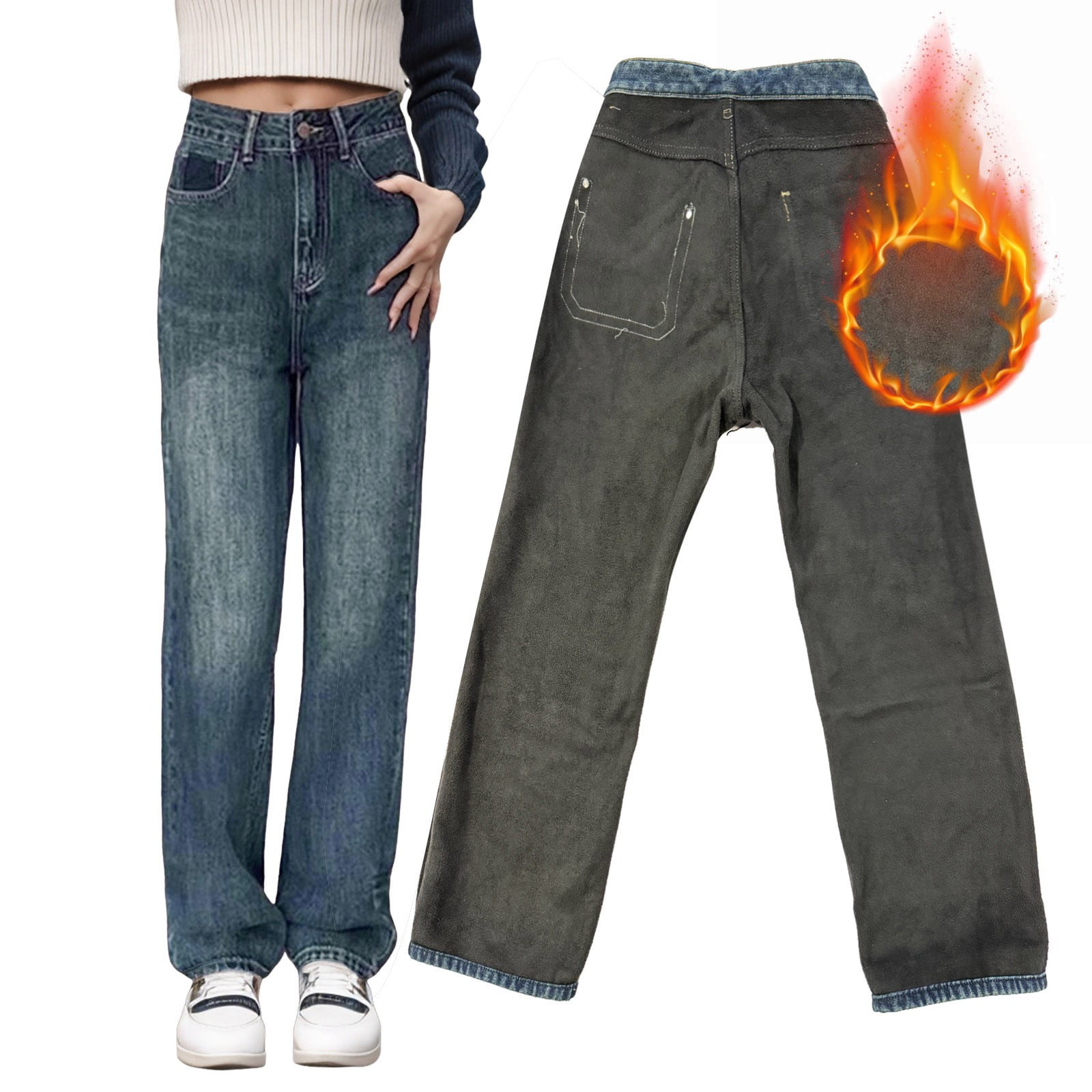 Fleece Lined Jeans Women Straight Leg High Waist Lined Jeans Winter ...
