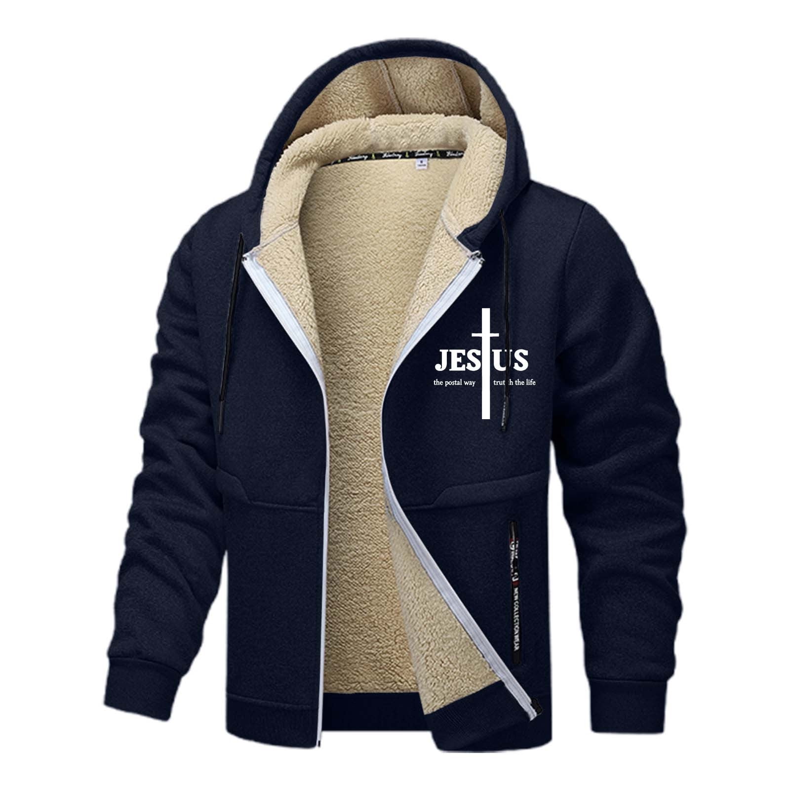 Fleece Lined Jesus Hoodies for Men Christian Cross Zip Up Winter Warm ...
