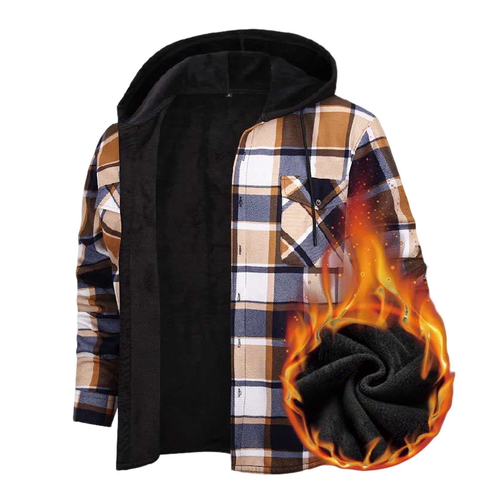 Fleece Lined Plaid Jacket Men Warm Sherpa Lining Flannel Hooded Coat ...