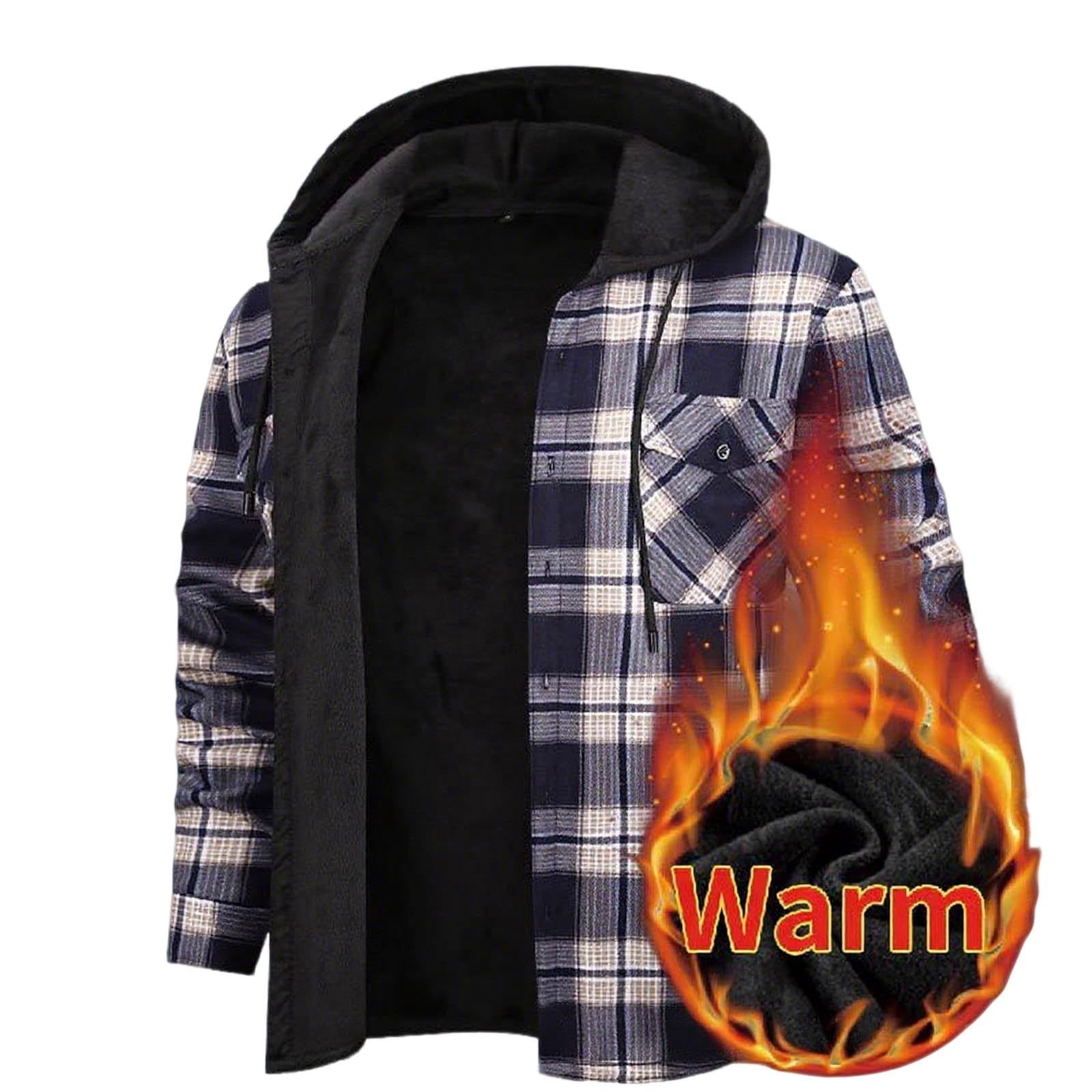 Fleece Lined Plaid Jacket Men Warm Sherpa Lining Flannel Hooded Coat ...