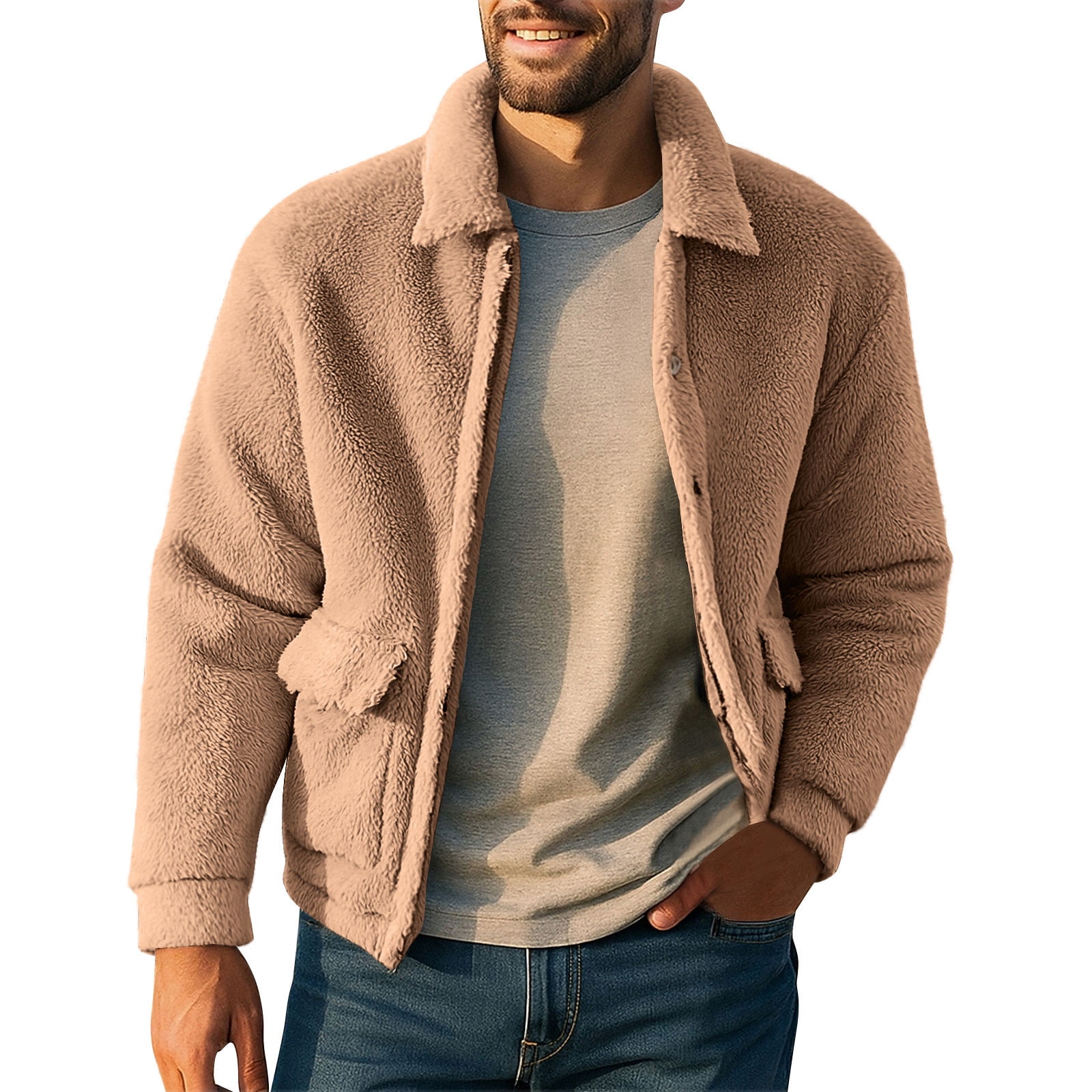 Fleece Lined Winter Coat for Men Long Sleeve Lapel Button Down Solid ...