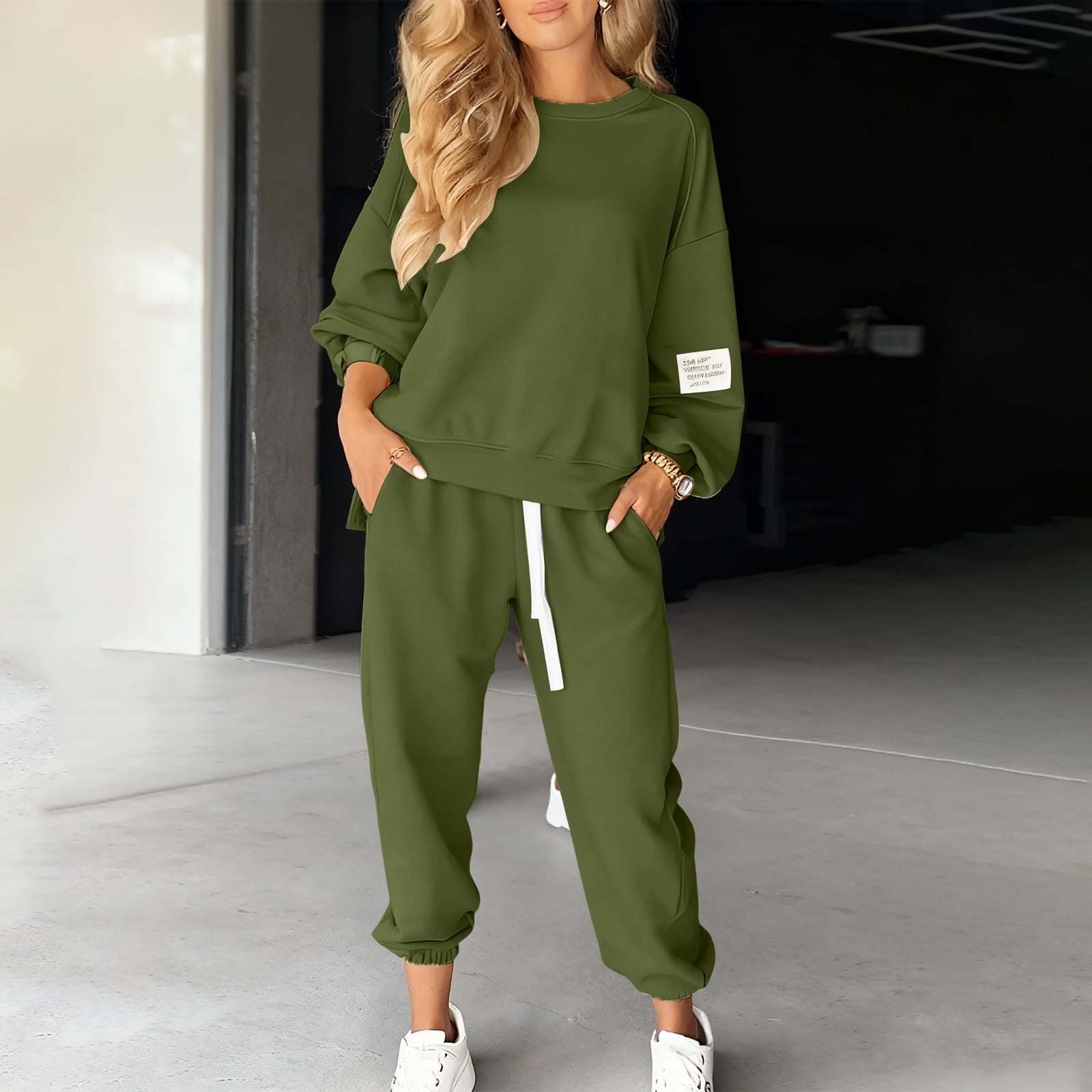 Fleece Lined Womens Long Sleeve Tracksuit Sets 2 Piece Pullover ...