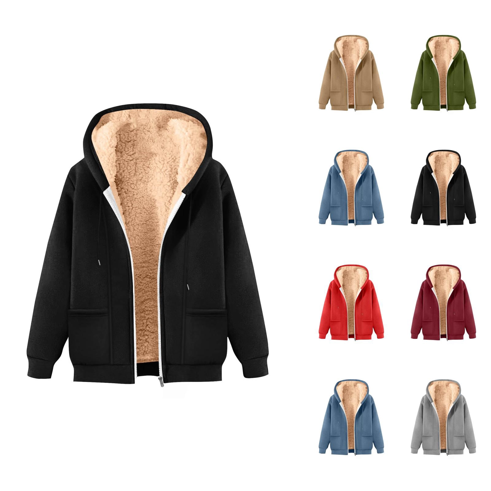 Fleece Lined Zip Up Hoodie for Women 2026 Casual Winter Warm Plain ...