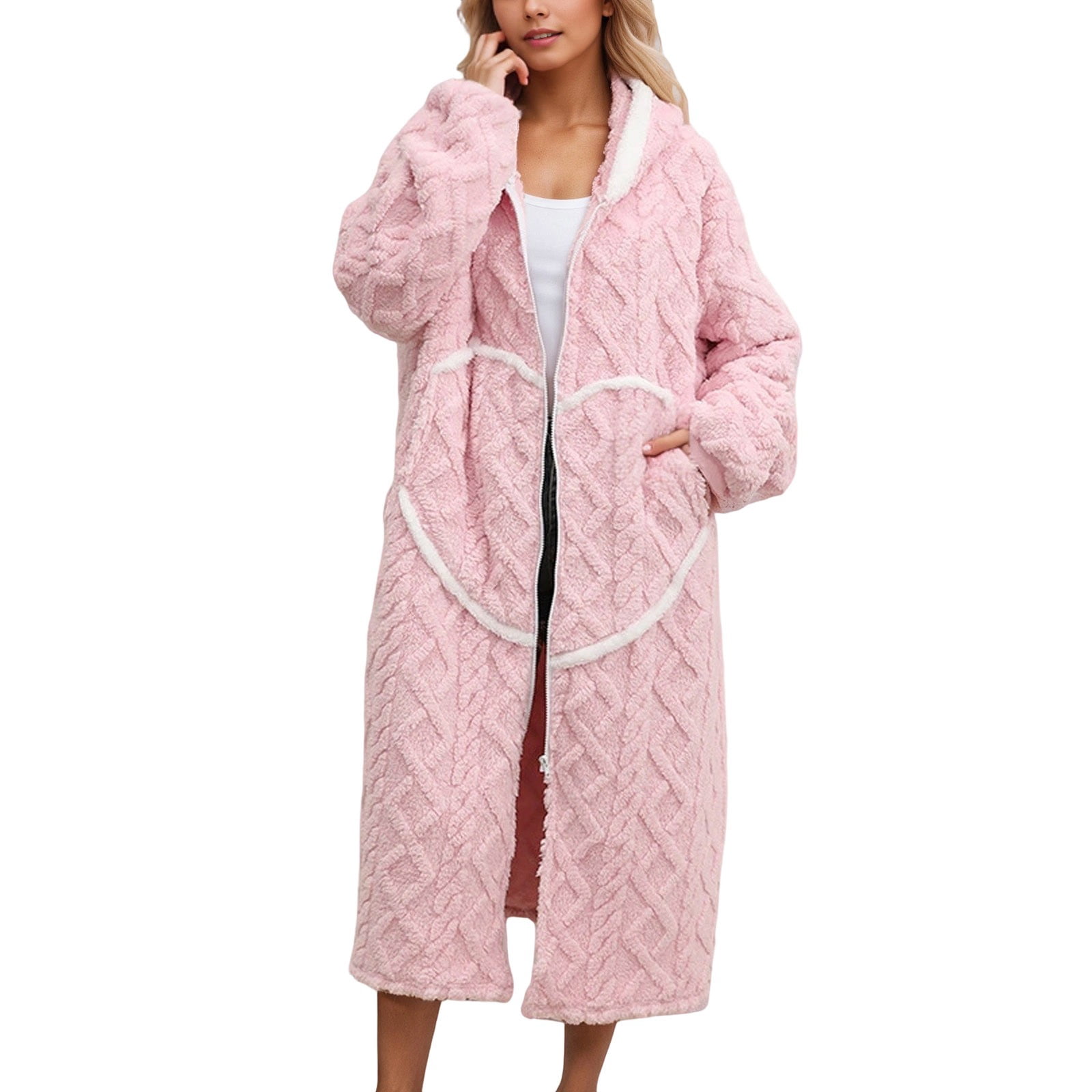 Nightgown Long Sleeve Zipper Hooded Fuzzy Dress for Women Warm Pajamas ...