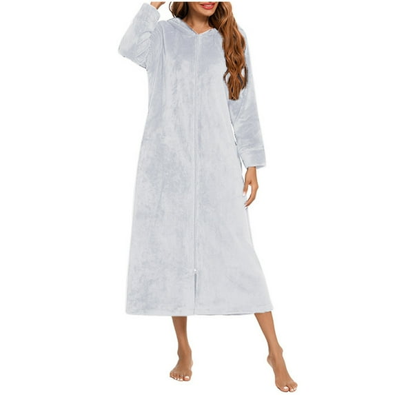 Nightgown Long Sleeve Zipper Hooded Fuzzy Dress for Women Warm Robes ...
