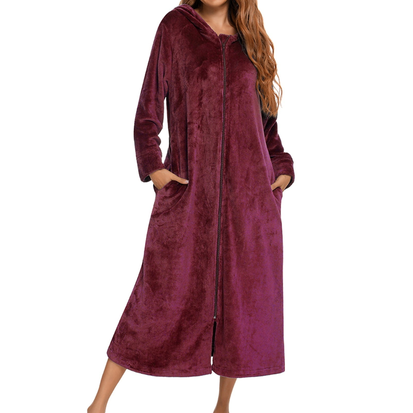 Nightgown for Women Long Sleeve Zipper Hooded Housecoats for Women Warm ...
