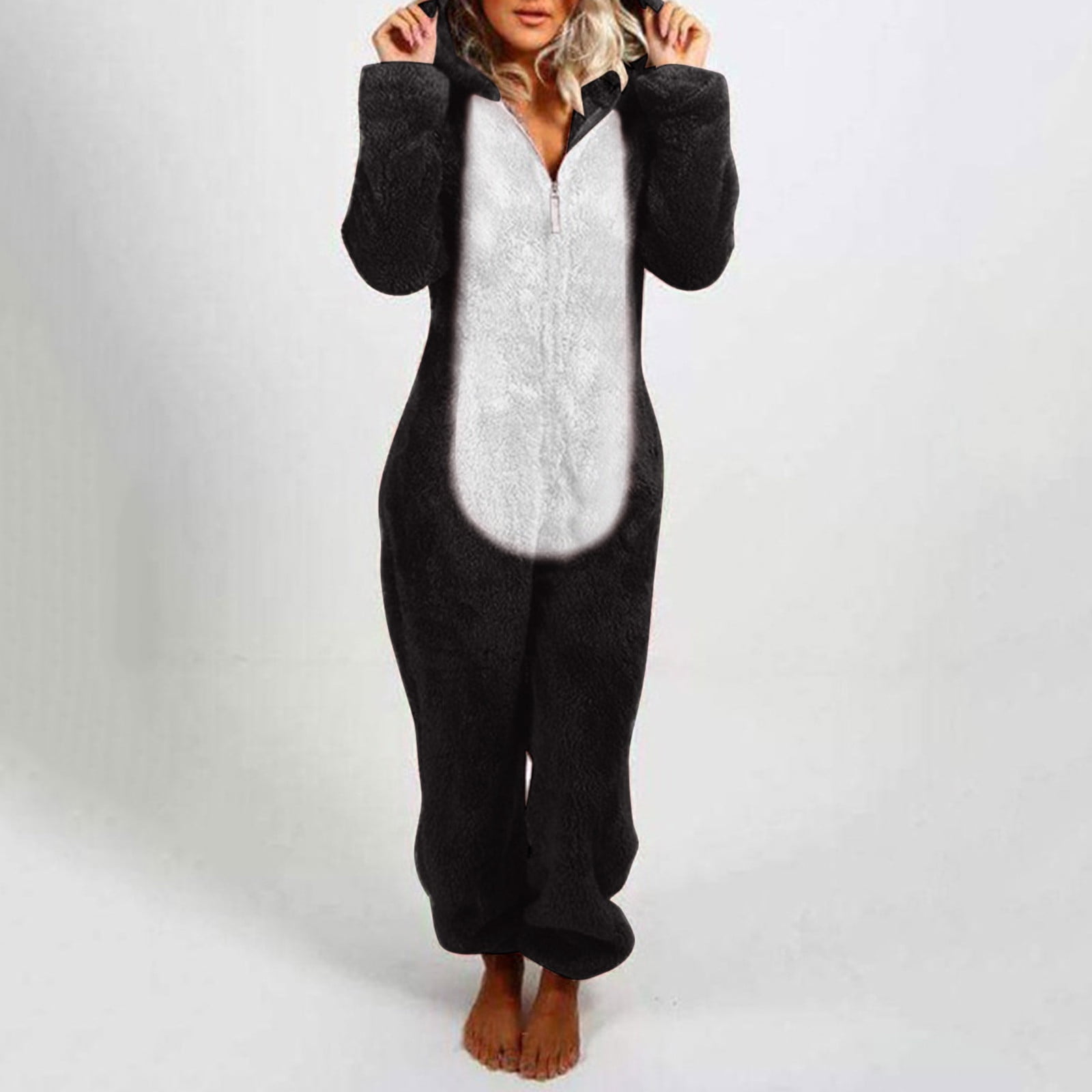 Fleece Onesie Pajamas for Women Zipper Hooded Jumpsuit Adult Plush One ...