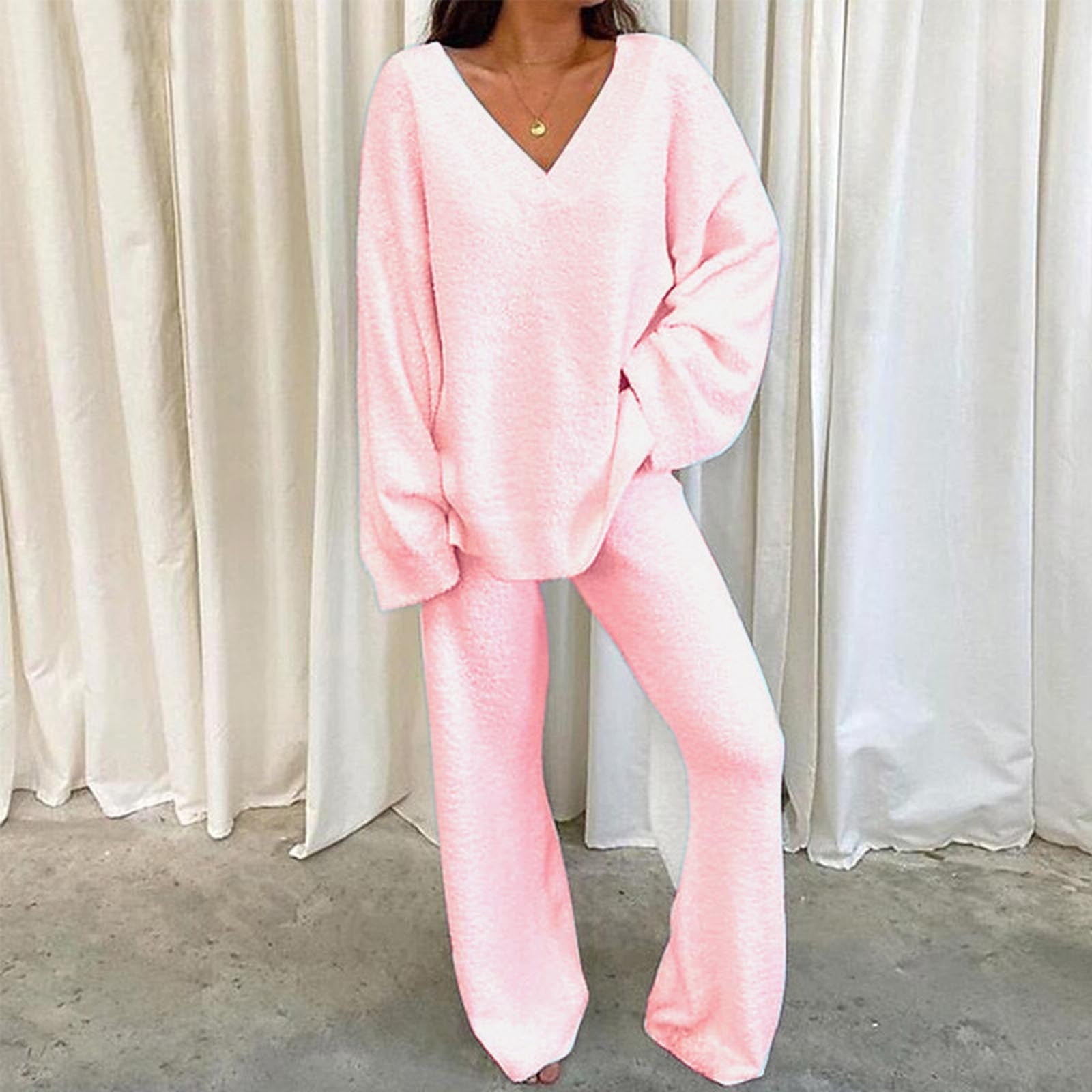 Fleece Pajamas Sets for Women Winter Warm Loose Long Sleeve V Neck ...