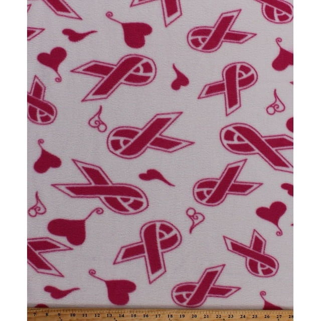 Fleece Pink Ribbons Breast Cancer Awareness Ribbons Hearts on White ...
