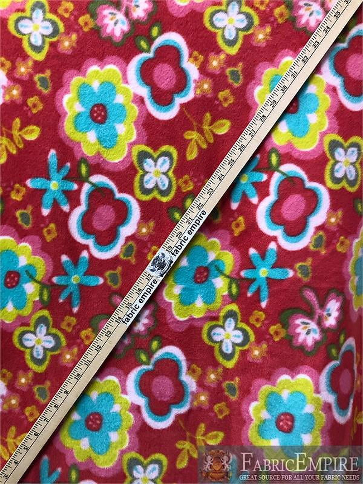 Fleece Printed Fabric MULTI COLORED FLOWERS RED BACKGROUND / 58" Wide ...
