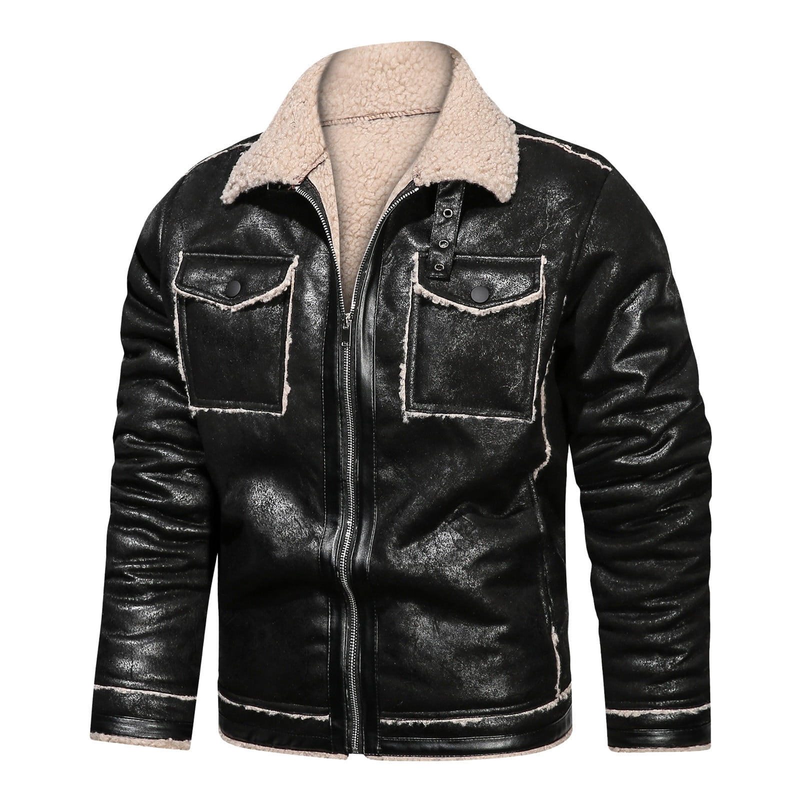 Fleece Puffer Jacket Black Men's Winter Plush Jacket Long Sleeve Turn ...