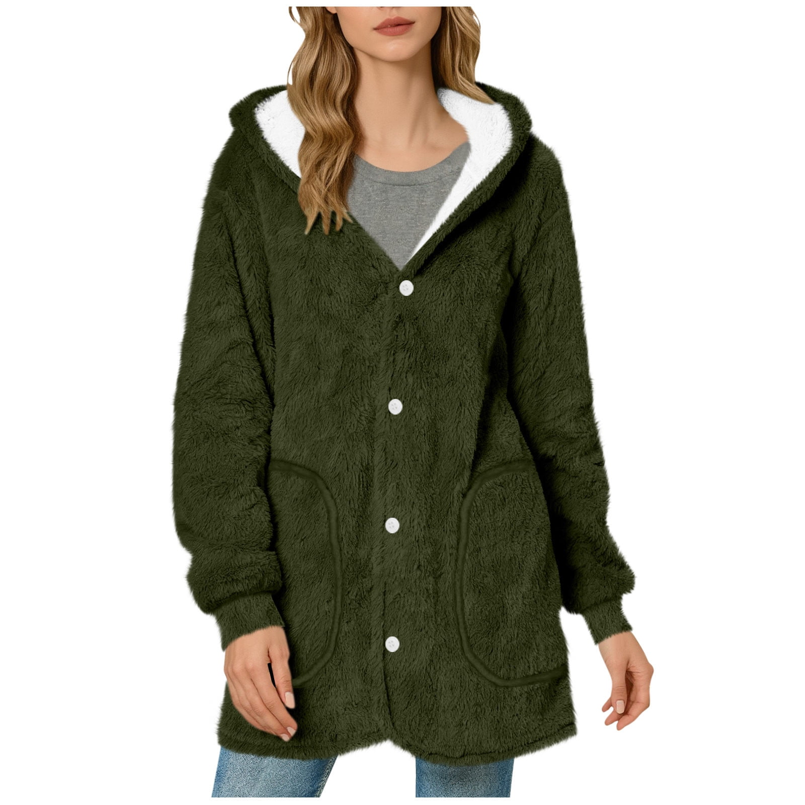 Fleece Pullover Hoodies for Women, Loose Button down Hooded Sweaters, Mid-Length Solid Color ...
