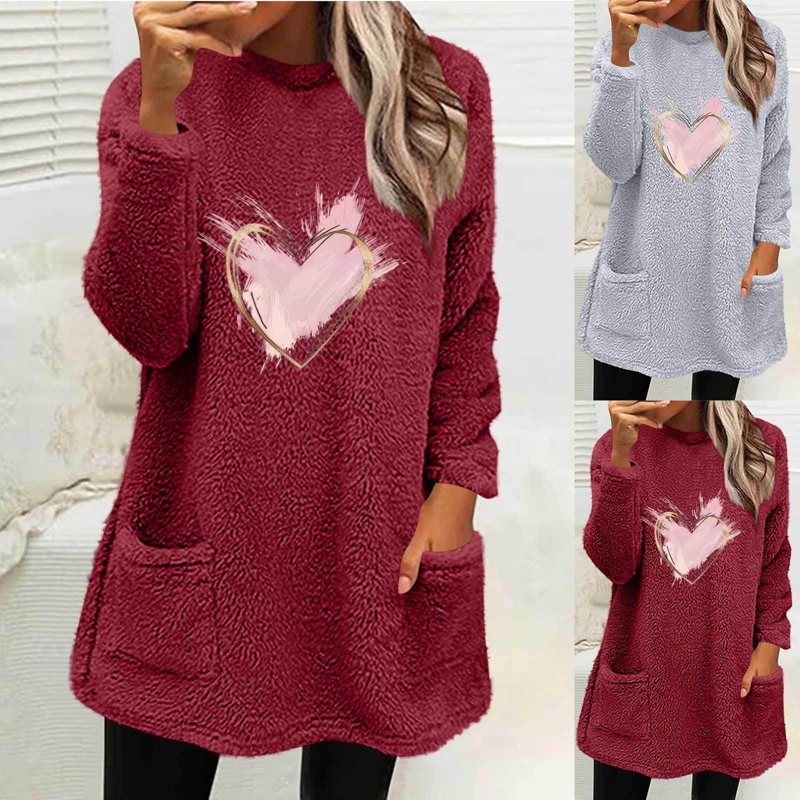 Fleece Pullover Women Heart Graphic Warm Loose Casual Sweatshirts Crew ...