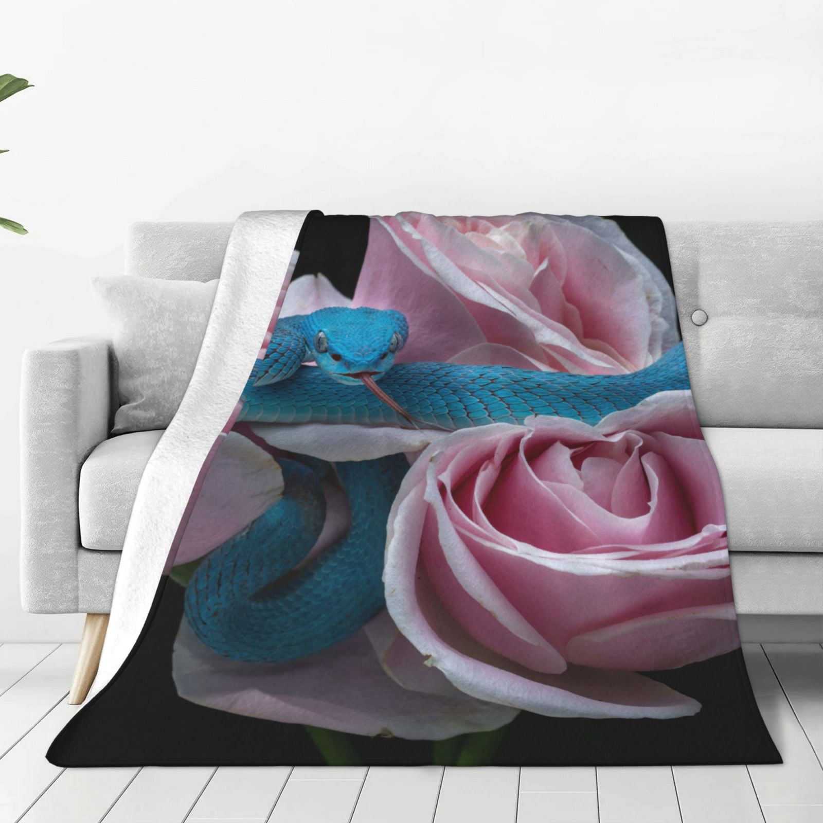 Fleece Throw Blanket Blue Lipped Pit Viper And Three Pink Roses Print ...