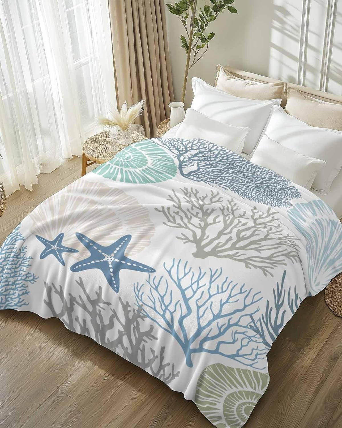 Fleece Throw Blanket,Blue Ocean Shells Coral Lightweight Warm Coverlet ...