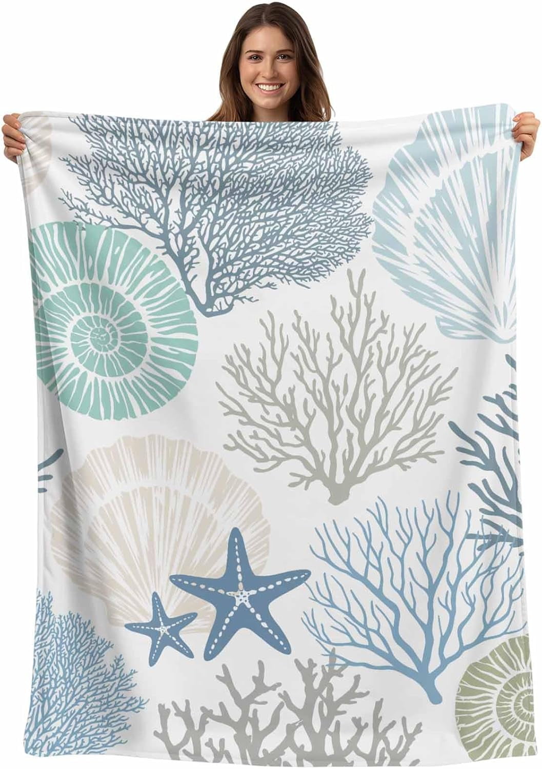 Fleece Throw Blanket,Blue Ocean Shells Coral Lightweight Warm Coverlet ...
