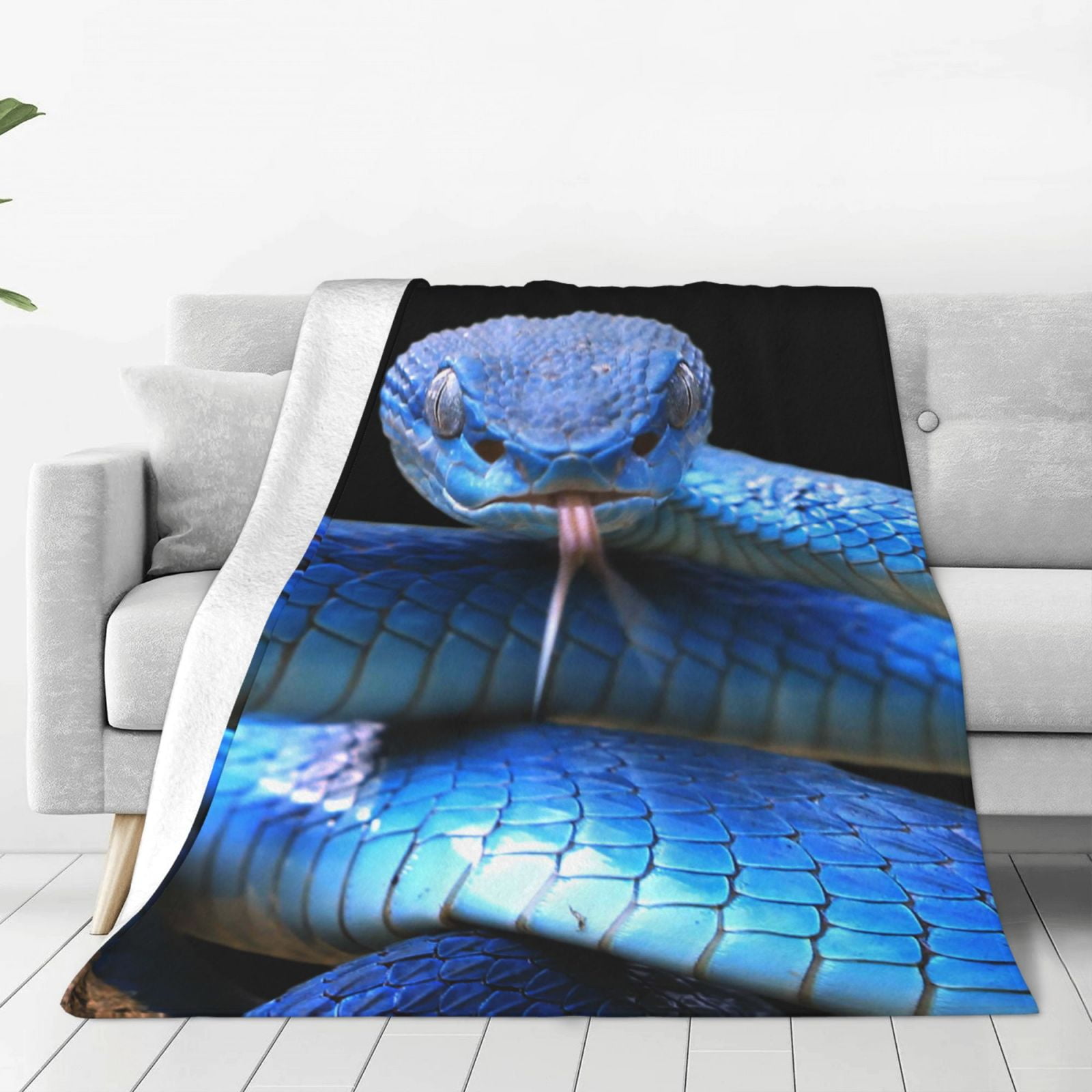 Fleece Throw Blanket Blue Viper Snake Print Reversible Plush Fluffy ...