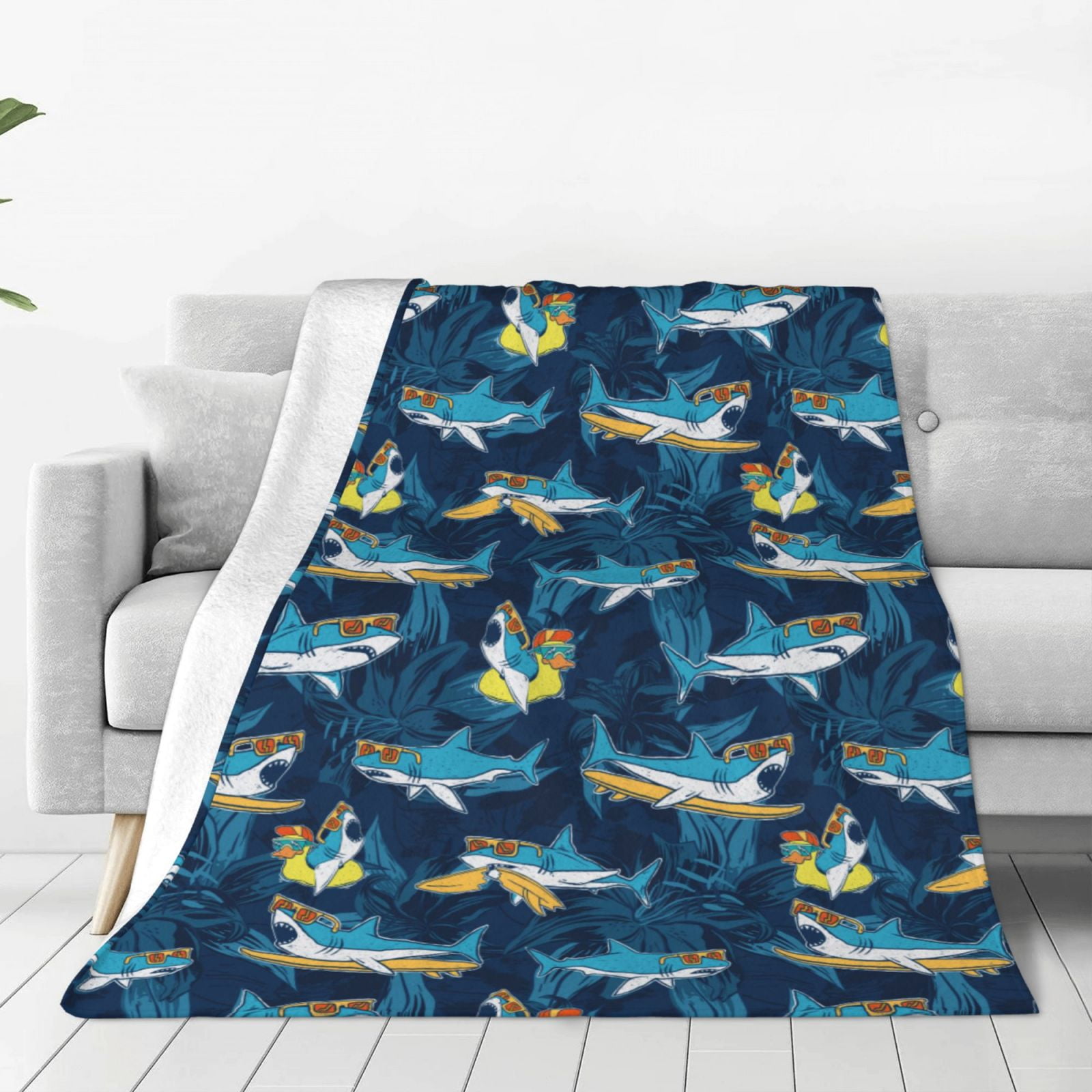 Fleece Throw Blanket Cartoon Surfer Sharks Print Reversible Plush ...