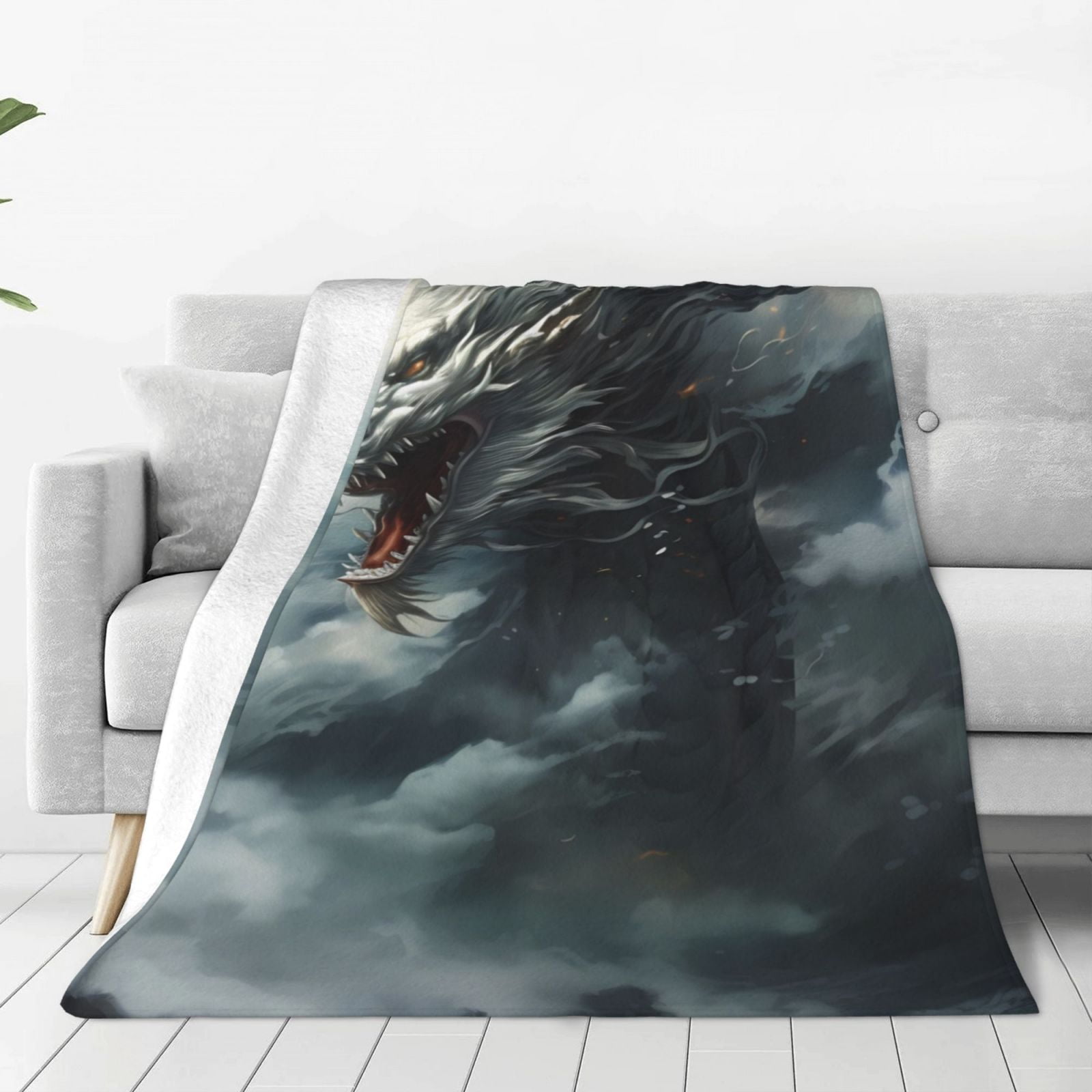 Fleece Throw Blanket Cloud White Dragon Print Reversible Plush Fluffy ...
