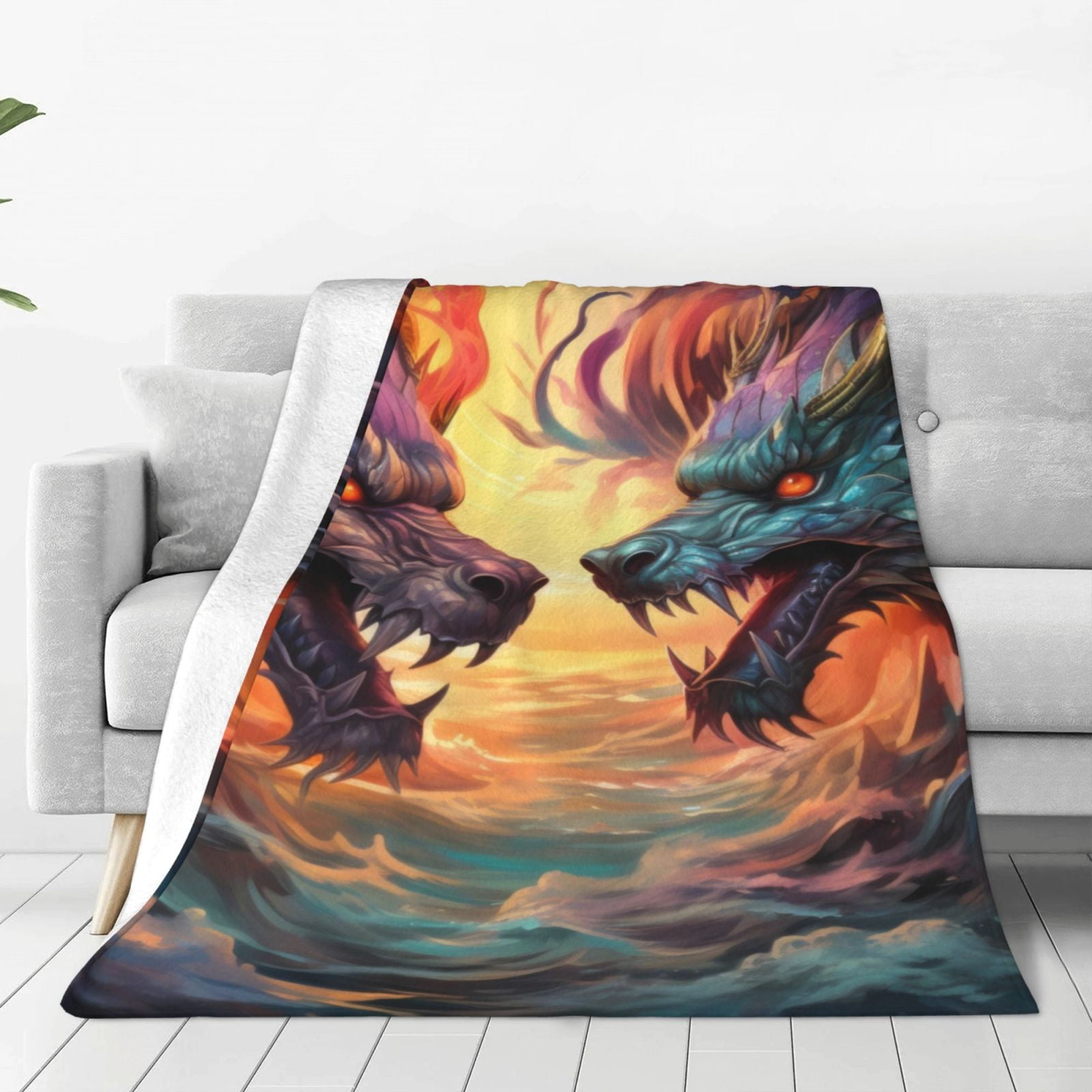 Fleece Throw Blanket Colorful Wave Dragon Head Print Reversible Plush ...