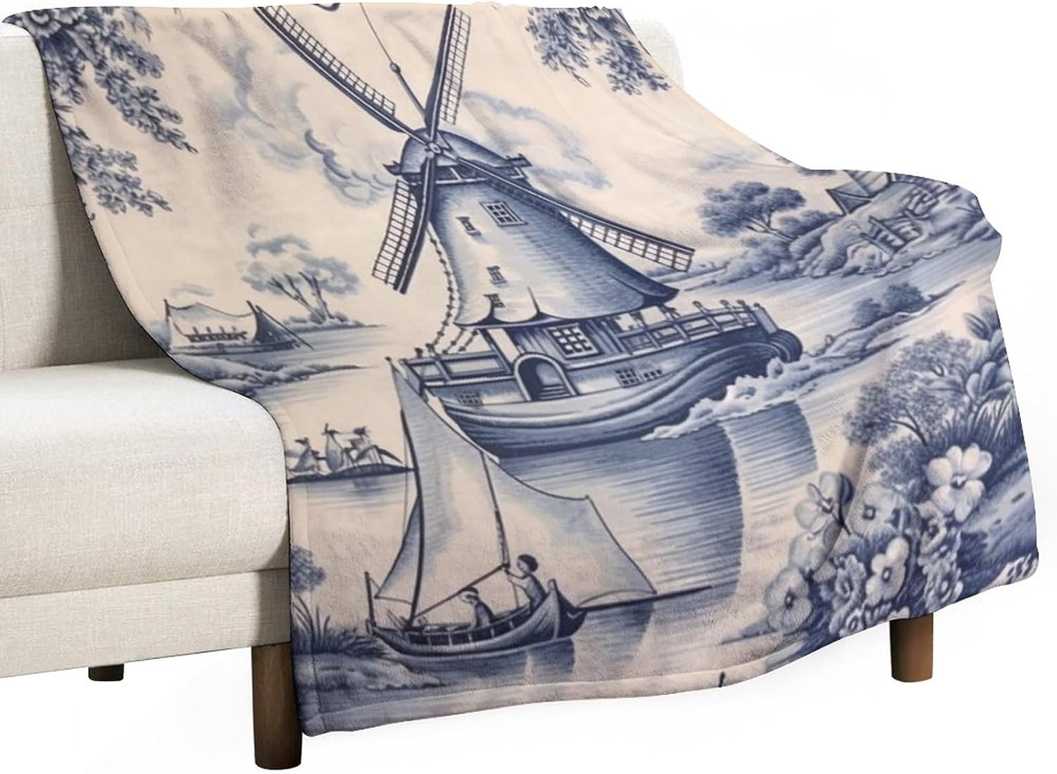 Fleece Throw Blanket Cute Vintage Dutch Windmill Sailboat Delft Blue ...