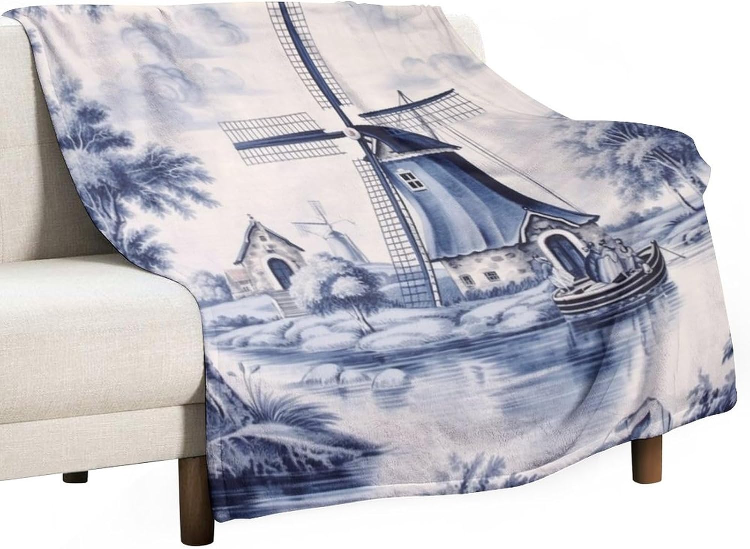 Fleece Throw Blanket Cute Vintage Dutch Windmill Sailboat Delft Blue ...