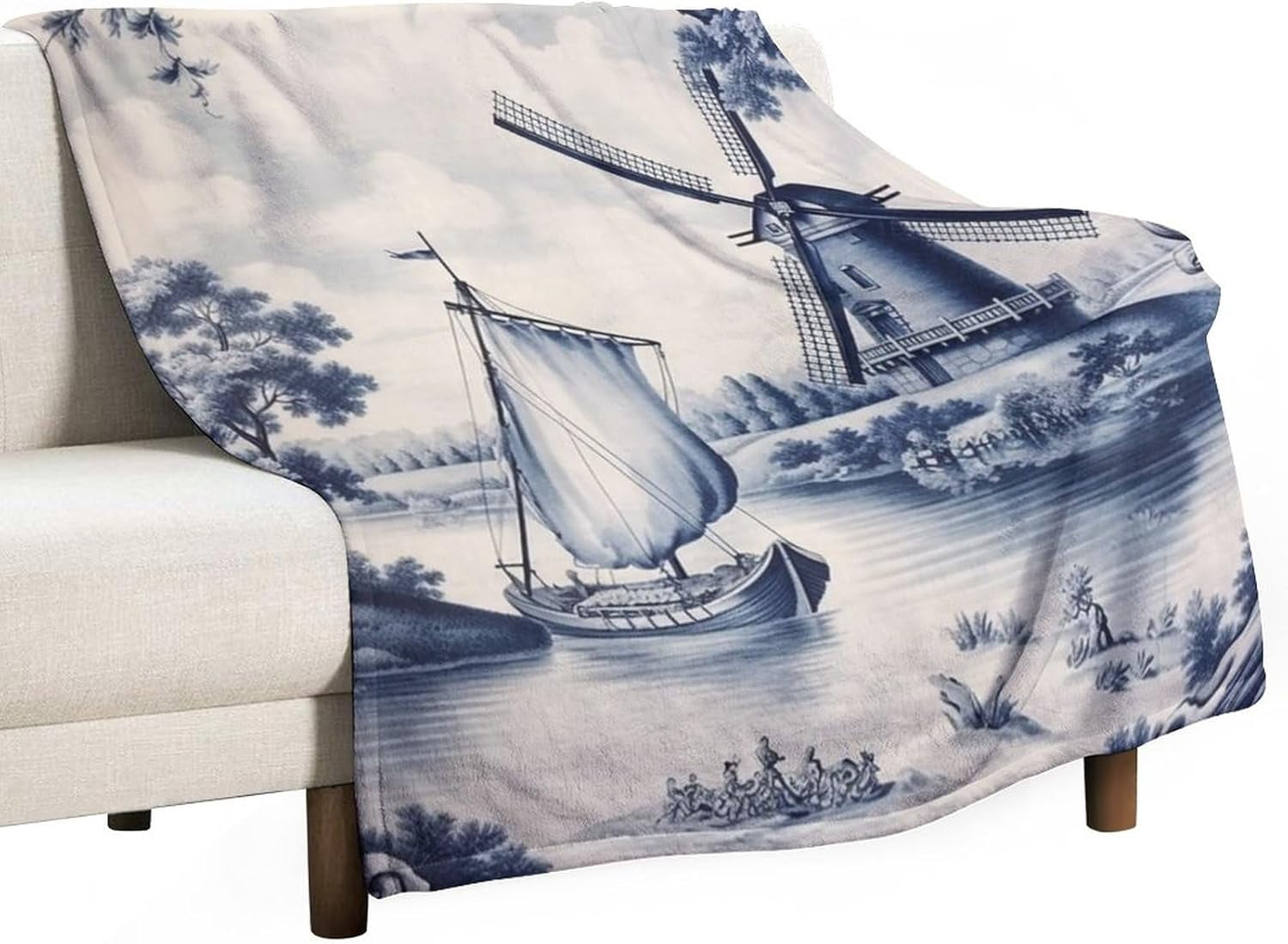 Fleece Throw Blanket Cute Vintage Dutch Windmill Sailboat Delft Blue ...