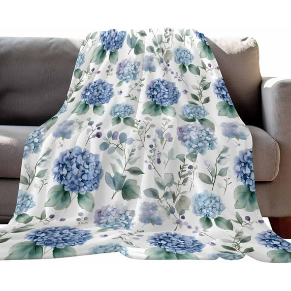 Fleece Throw Blanket, Hydrangea Blue Flowers Lightweight Warm Cozy Soft ...