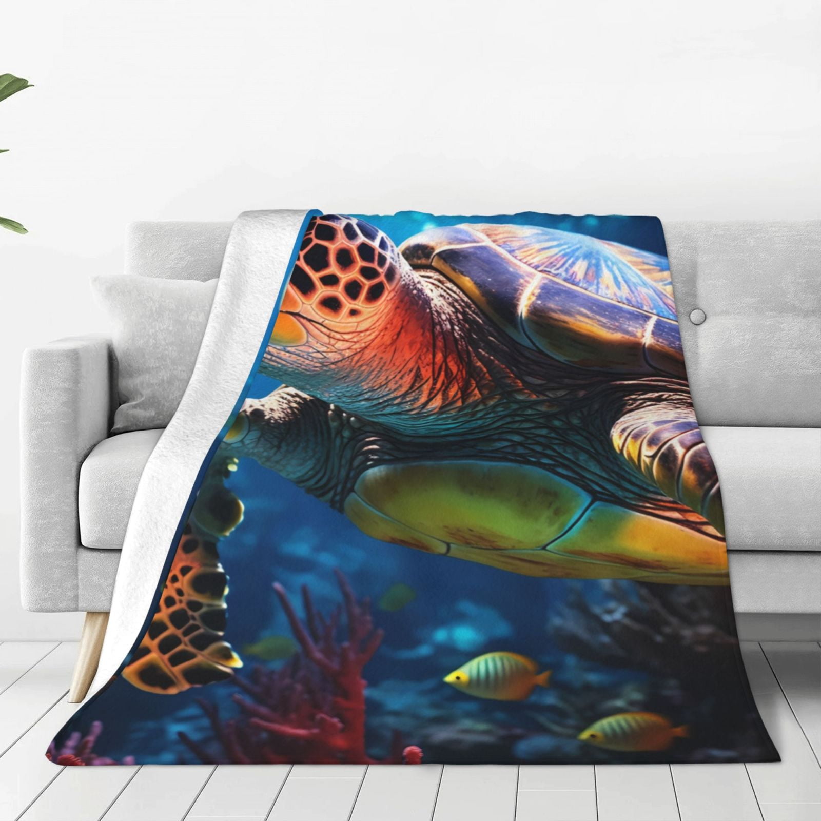Fleece Throw Blanket Ice Blue Ocean Sea Turtle Print Reversible Plush ...