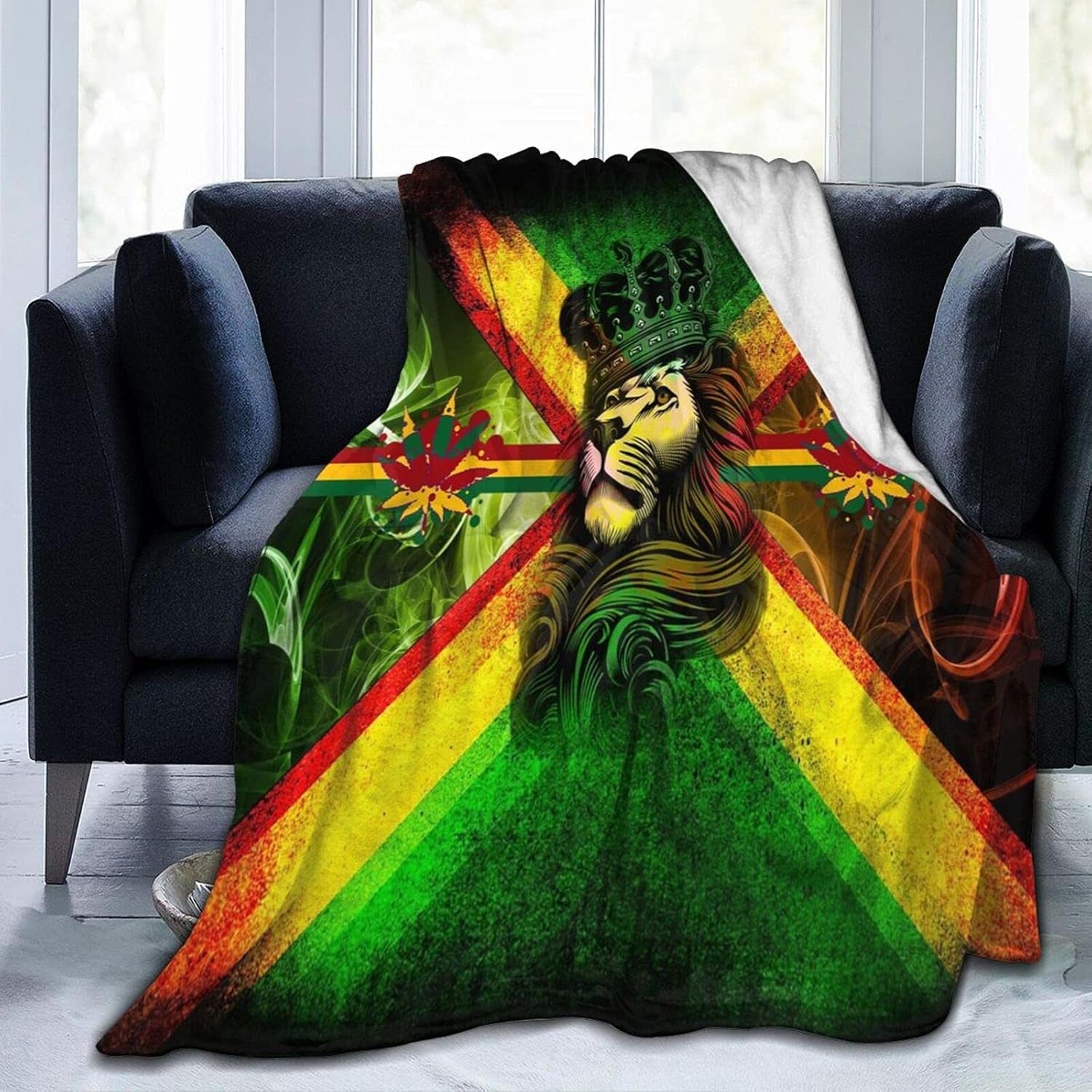 Fleece Throw Blanket,Jamaican Flag King Rasta Lion Super Soft Sofa ...