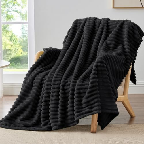 Fleece Throw Blanket for Couch - 300GSM Soft & Warm Fluffy Black ...