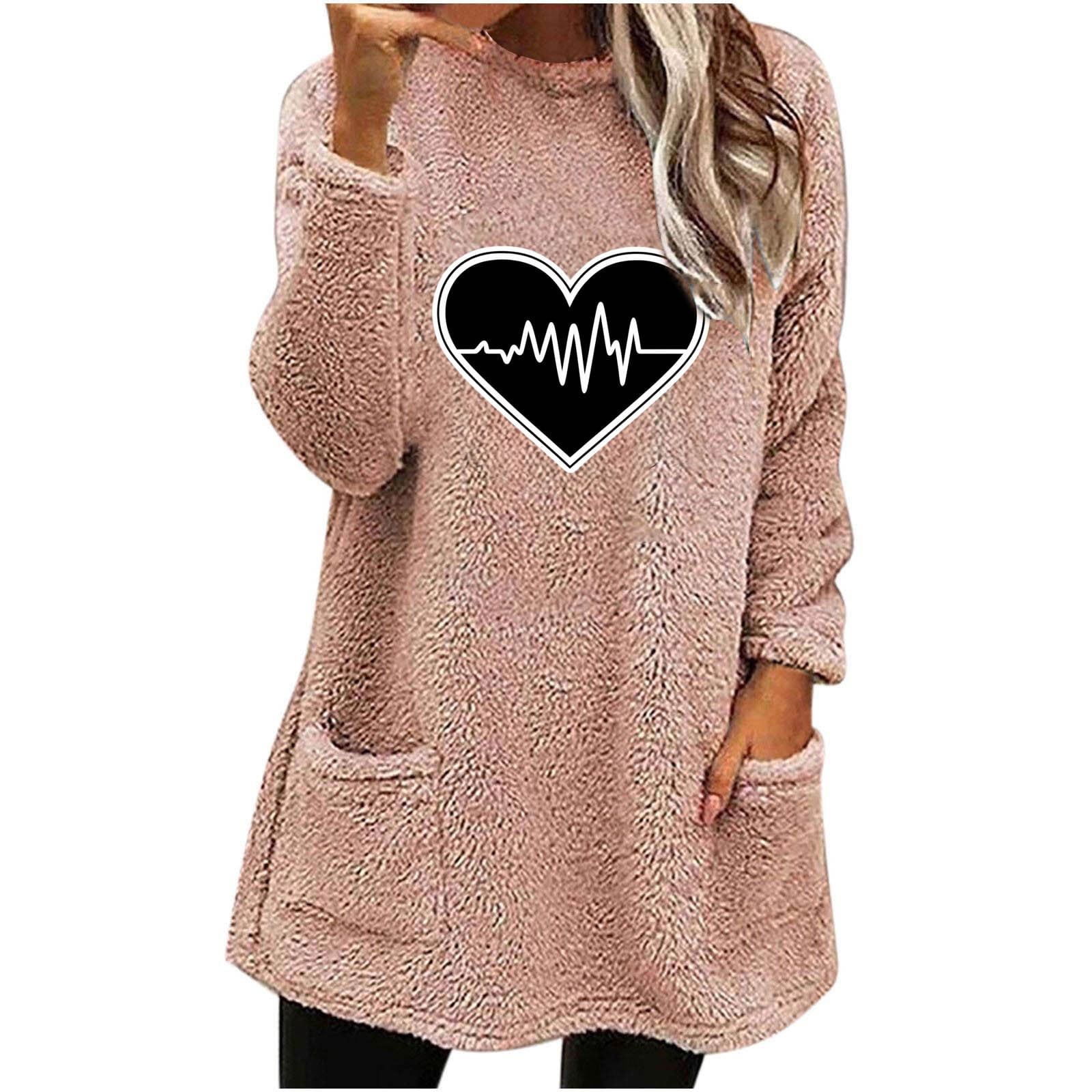 Fleece Tunic Tops for Women with 2 Pockets Hearts Print Crewneck Long ...