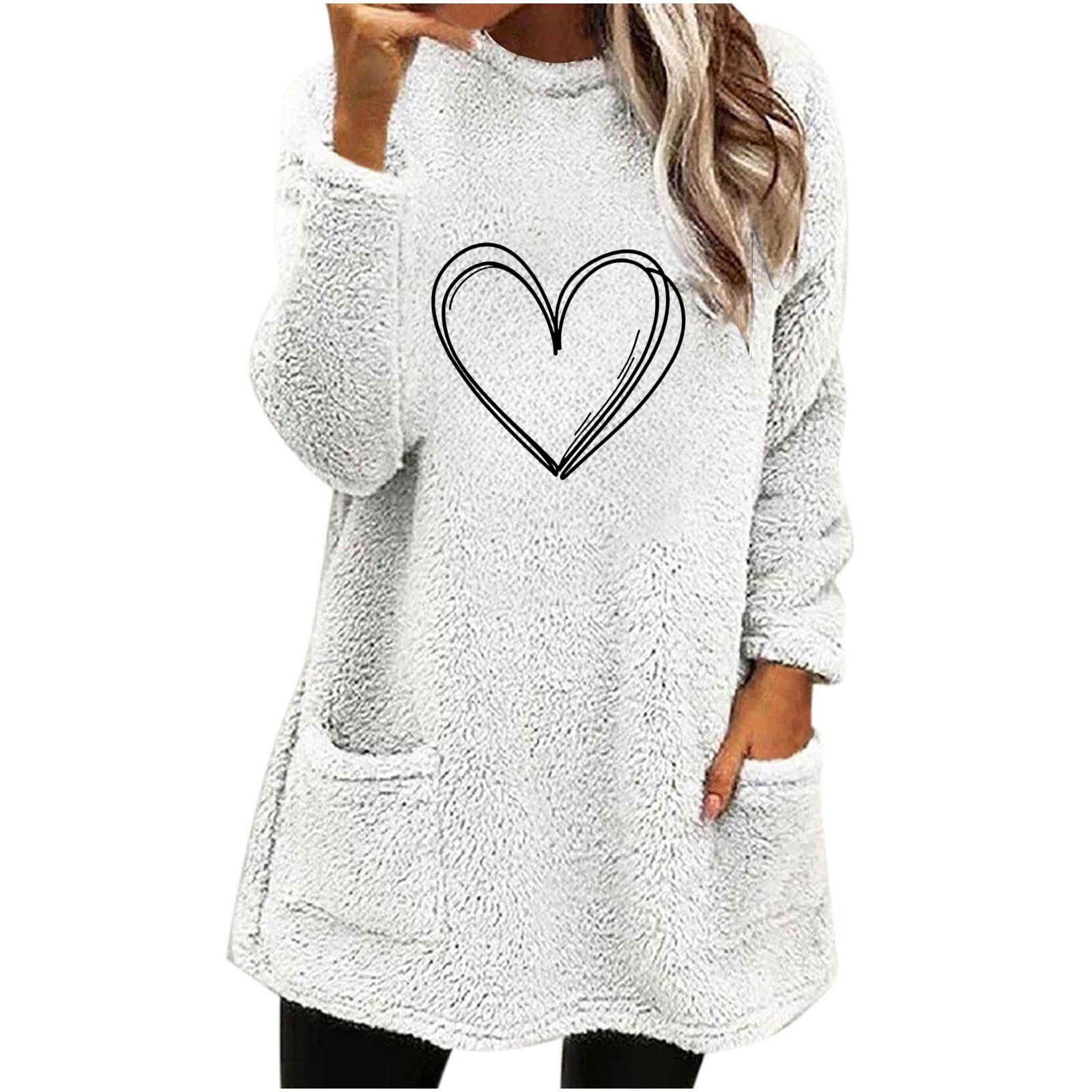 Fleece Tunic Tops for Women with 2 Pockets Hearts Print Crewneck Long ...