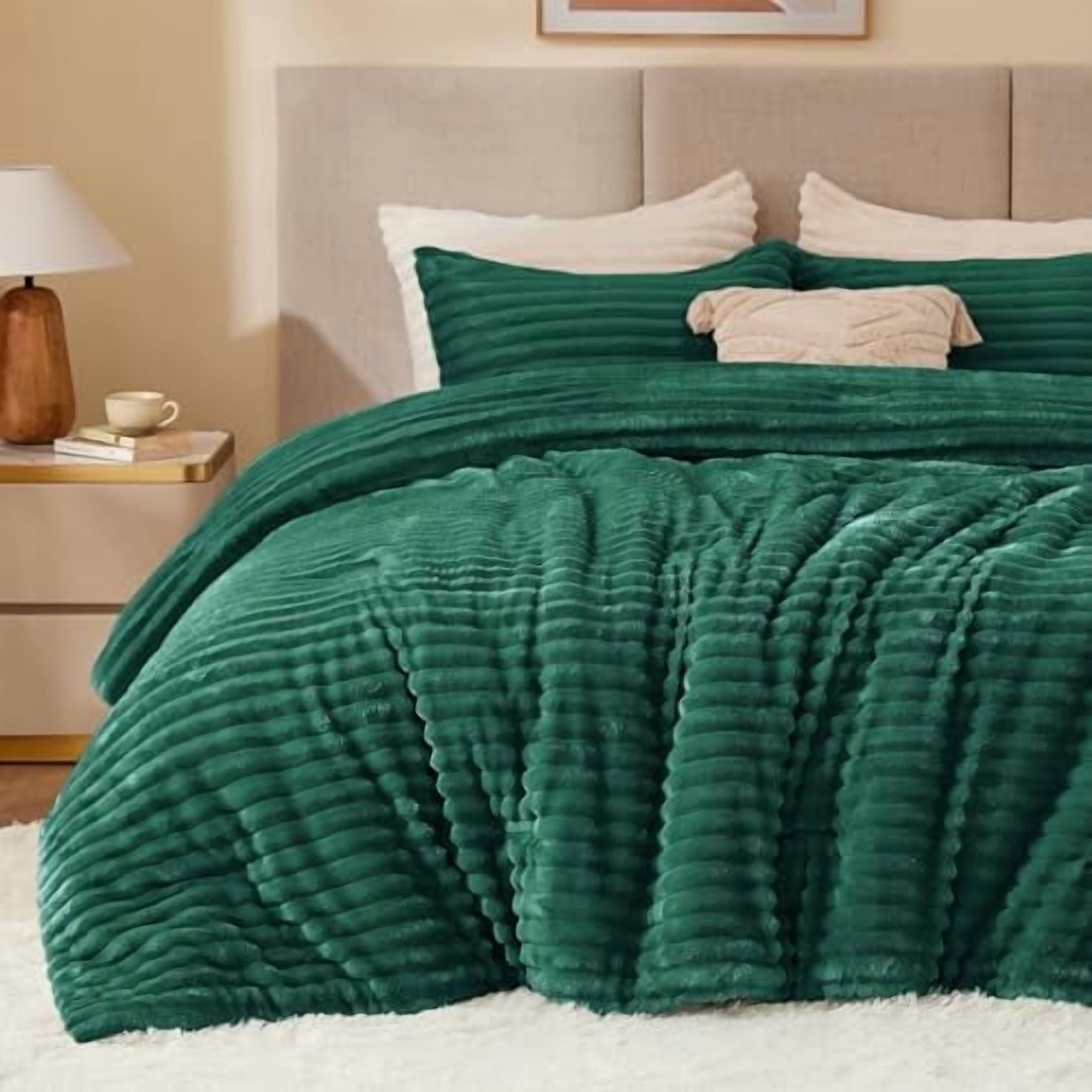 Fleece Twin Comforter Set -Super Soft & Warm Fluffy Dark Green Bedding ...
