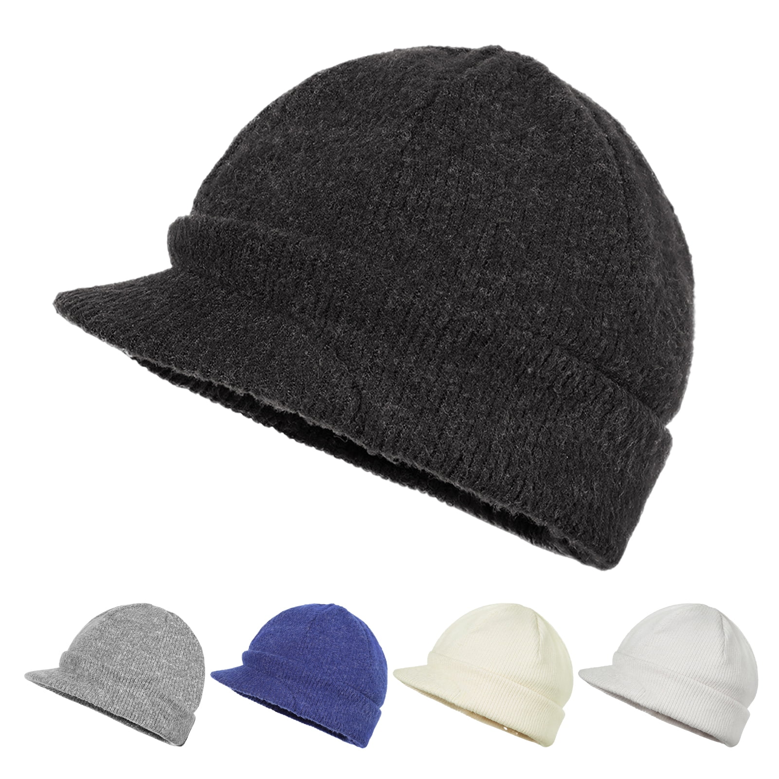 Fleece Winter Beanie with Visor - Earflap Short Brim Knitted Hat for ...