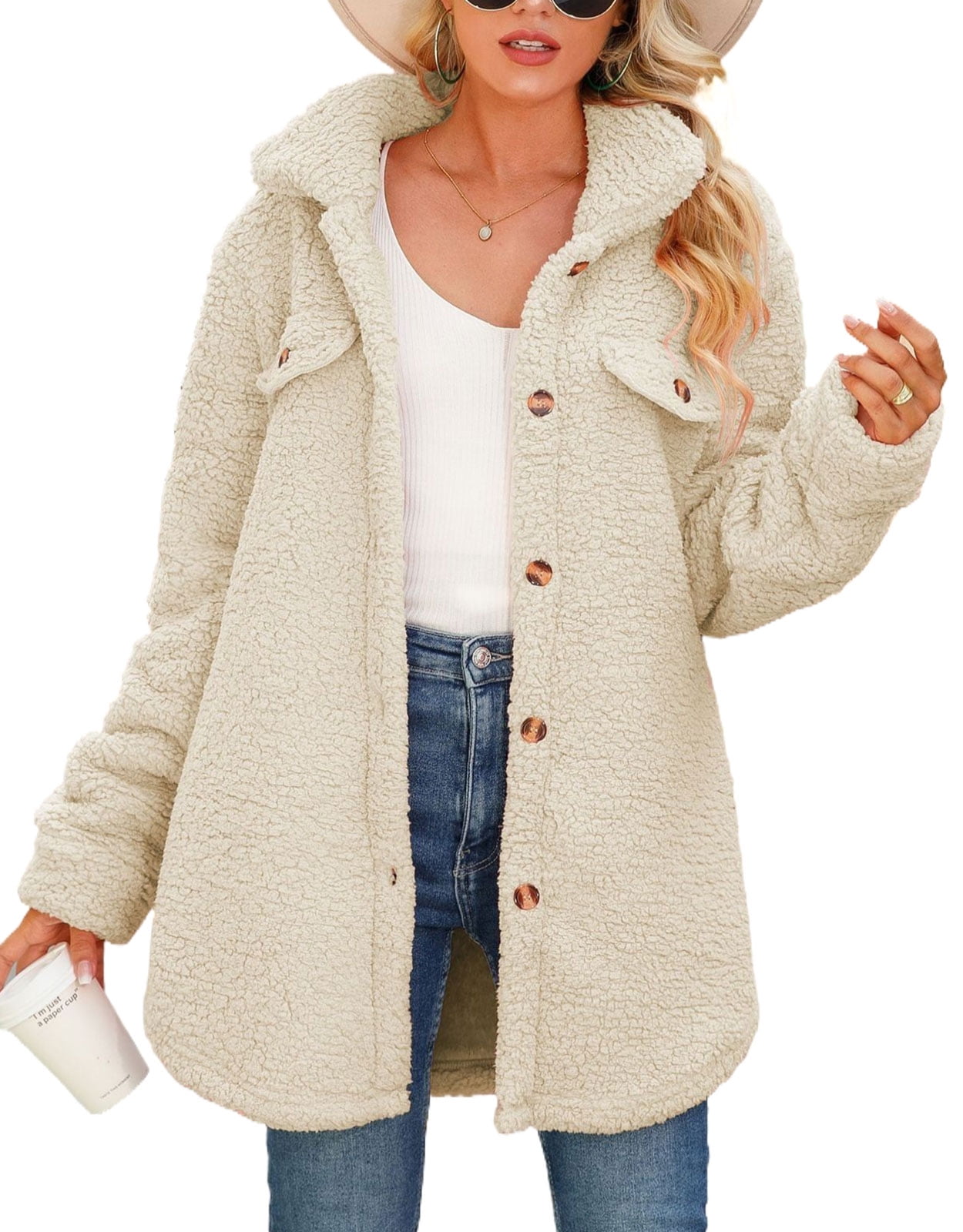 Fleece Winter Coats for Women Trendy Lapel Collar Button Up Fuzzy Faux ...