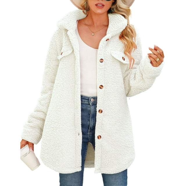 Fleece Winter Coats for Women Trendy Lapel Collar Button Up Fuzzy Faux Fur Sherpa Jacket Shermie ...