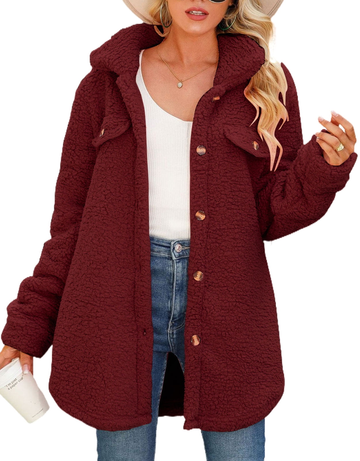Fleece Winter Coats for Women Trendy Lapel Collar Button Up Fuzzy Faux ...