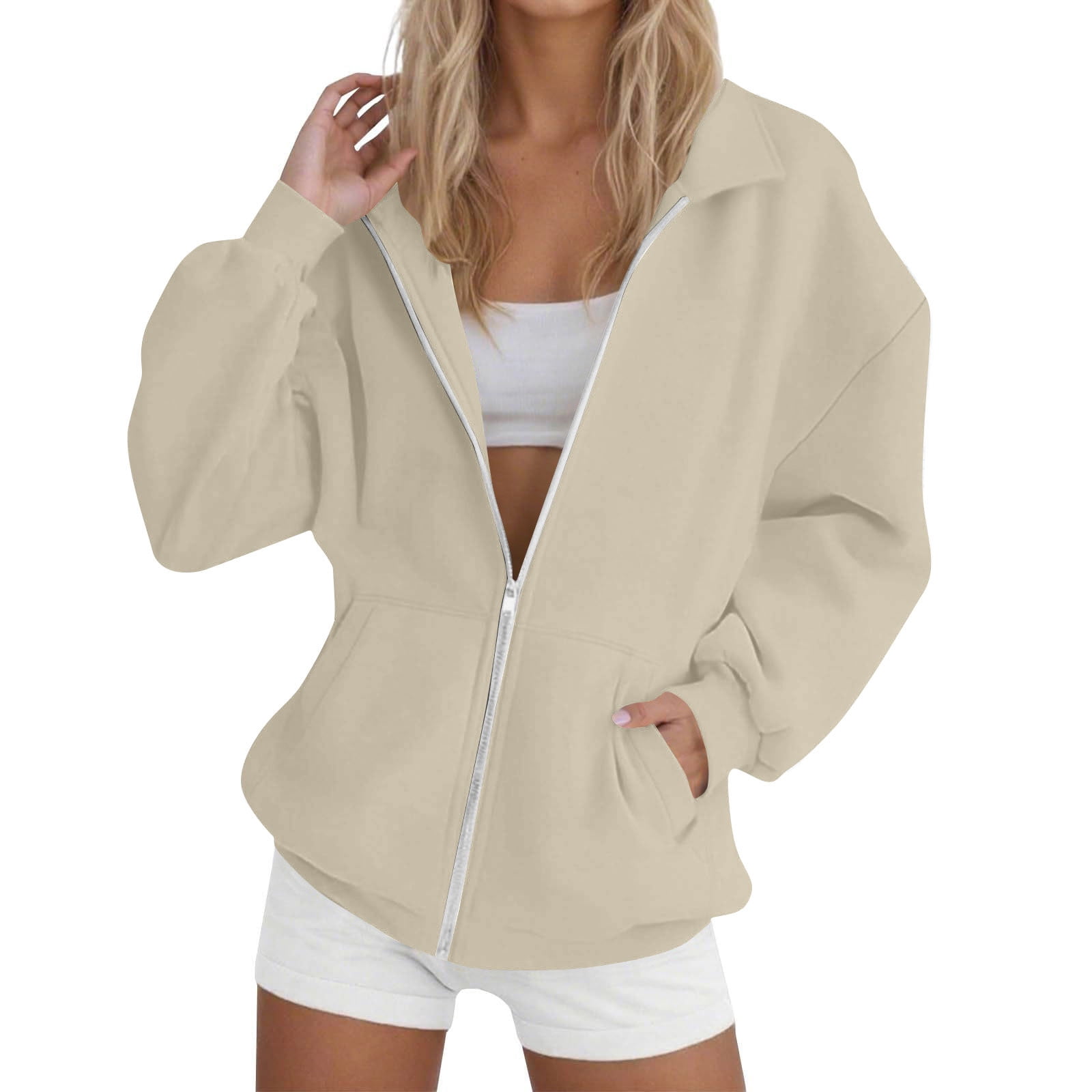 Fleece Zip Up Cardigan for Women Open Front Hooded Sweatshirts with ...
