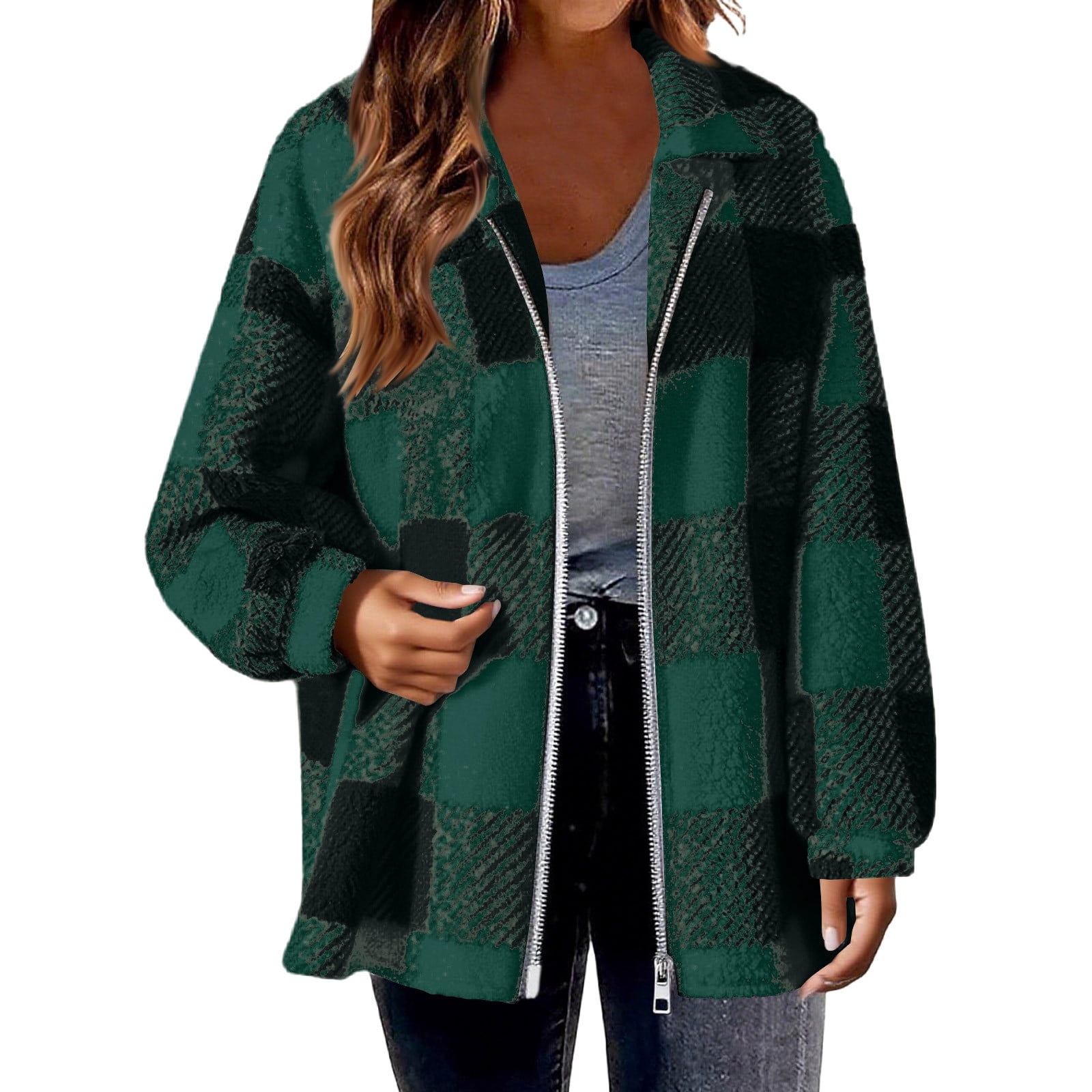 Fleece Zip Up Jacket for Women 2025 Trendy Long Sleeve Plaid Sherpa ...