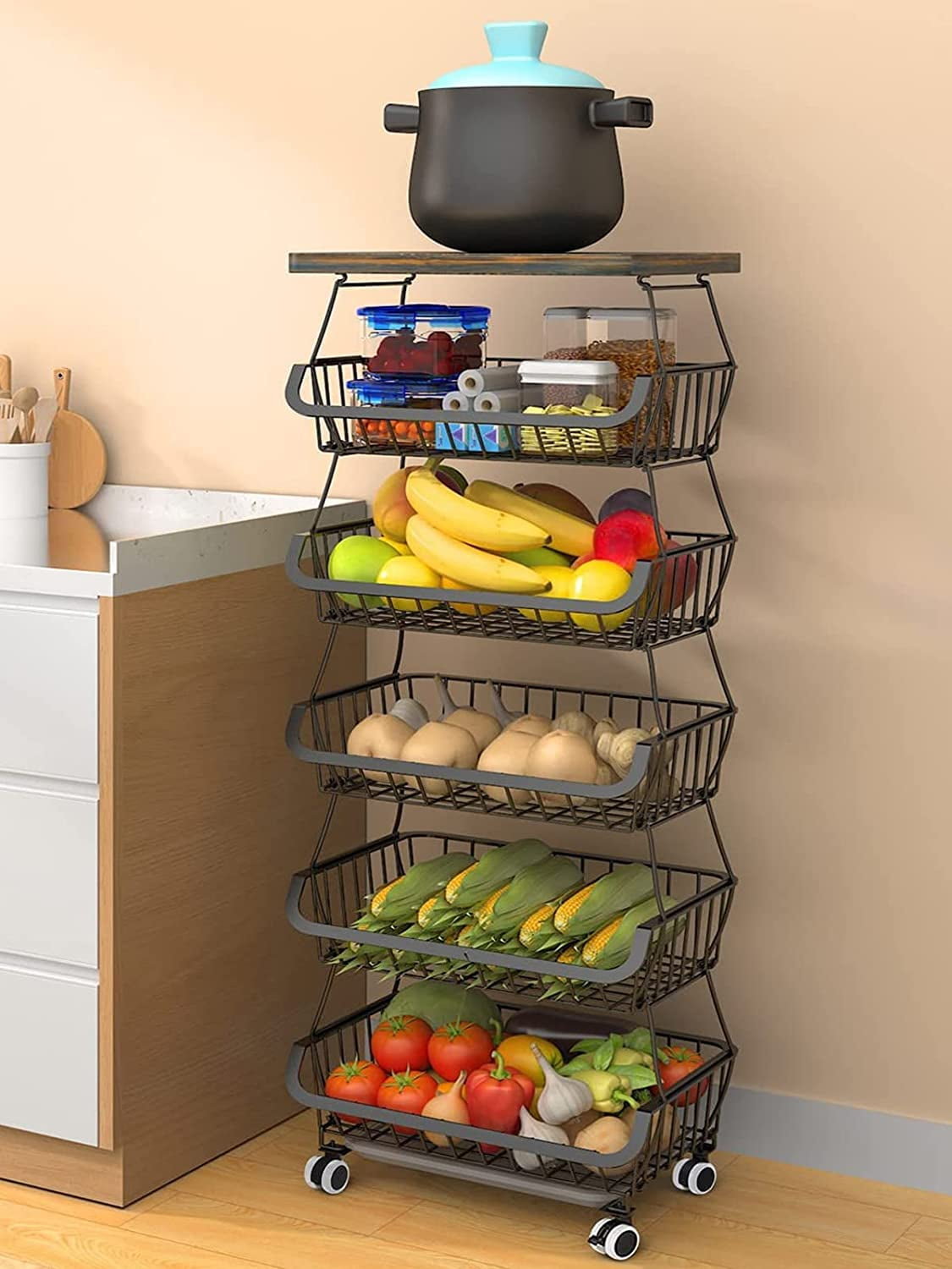 Flesser Storage Baskest Stand with Wood Top Kitchen Metal Baskets with ...