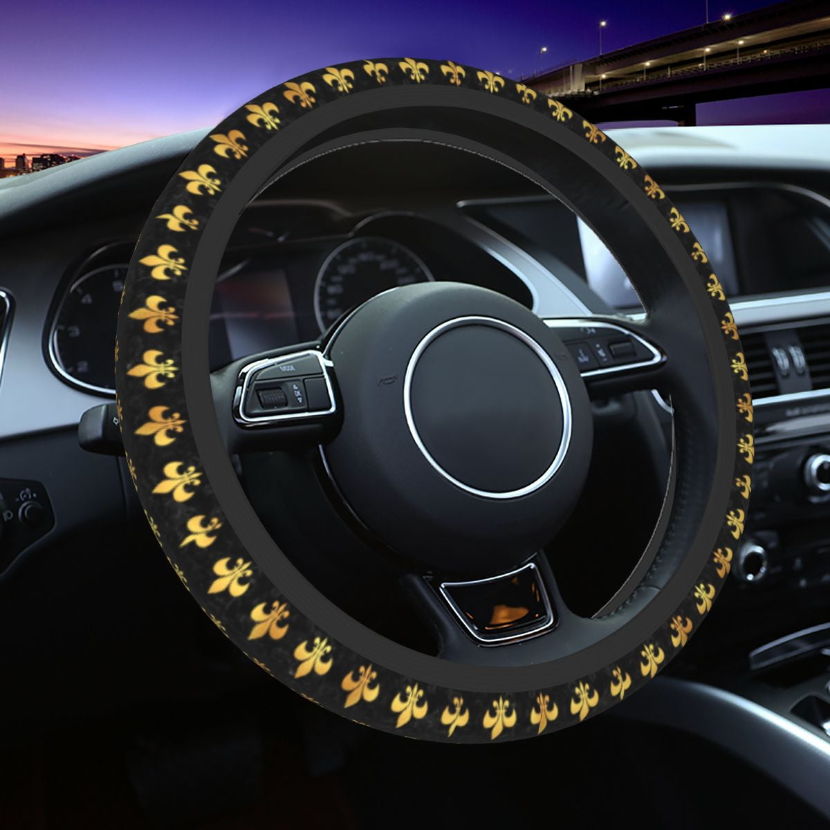 Fleur De Lis Blue Marble Gold Auto Car Steering Wheel Cover Sacred Lily ...