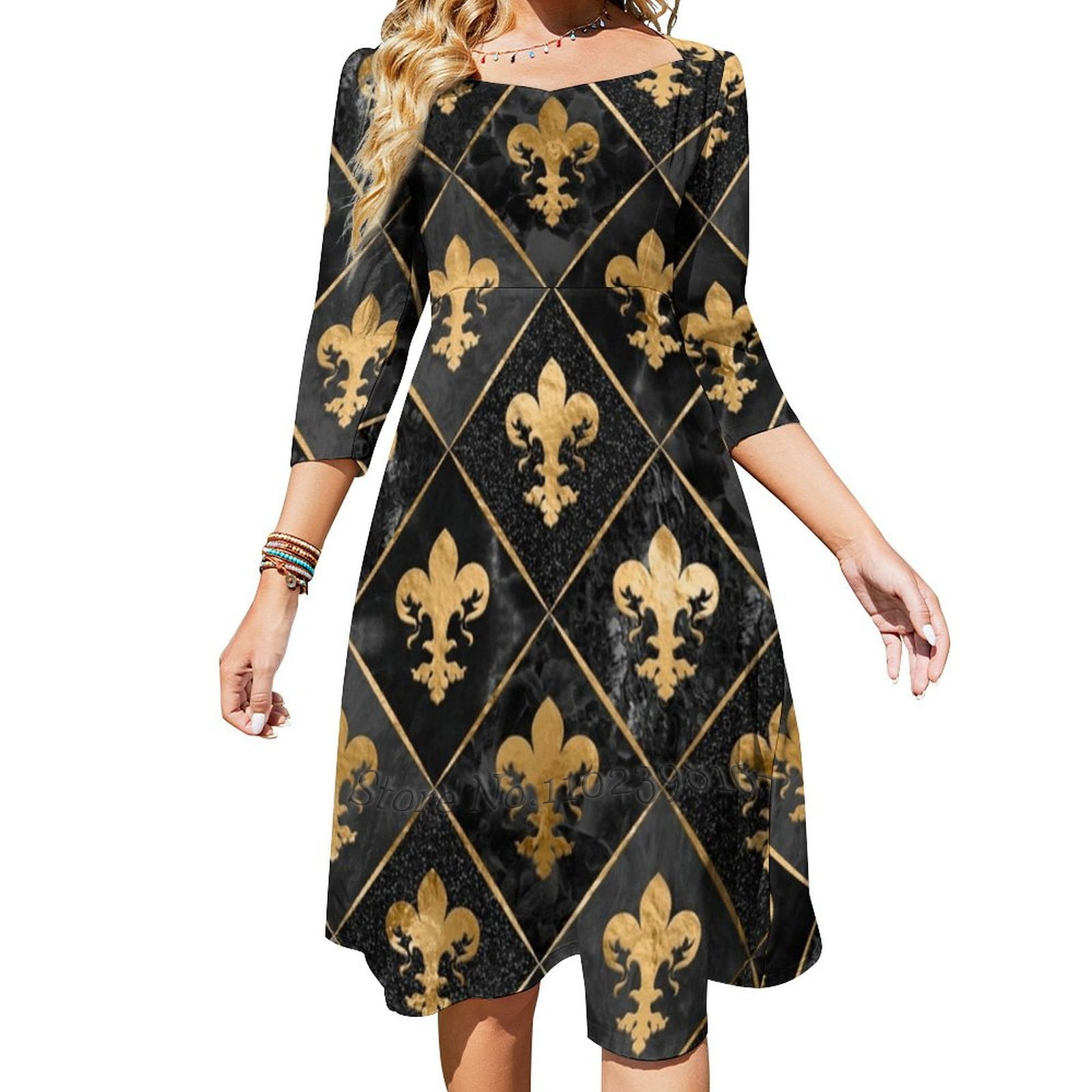 Fleur-De-Lis Pattern Black Marble And Gold Square Neck Dress Cute Loose ...