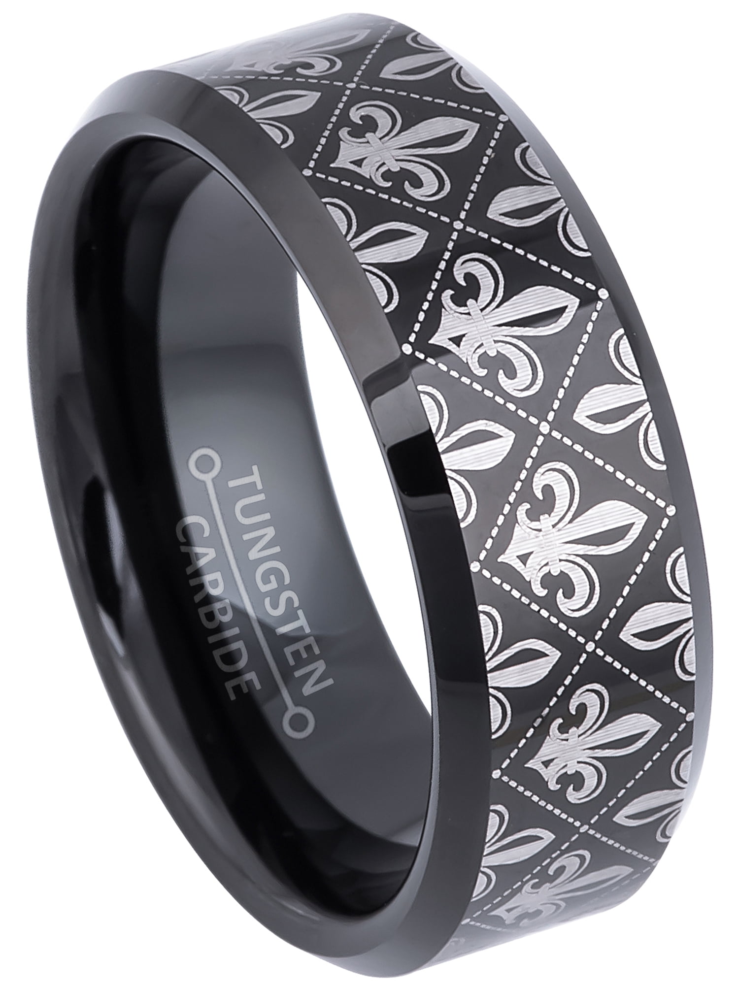 Fleur De Lis Pattern Tungsten Ring - Beveled Black Tungsten Carbide ...