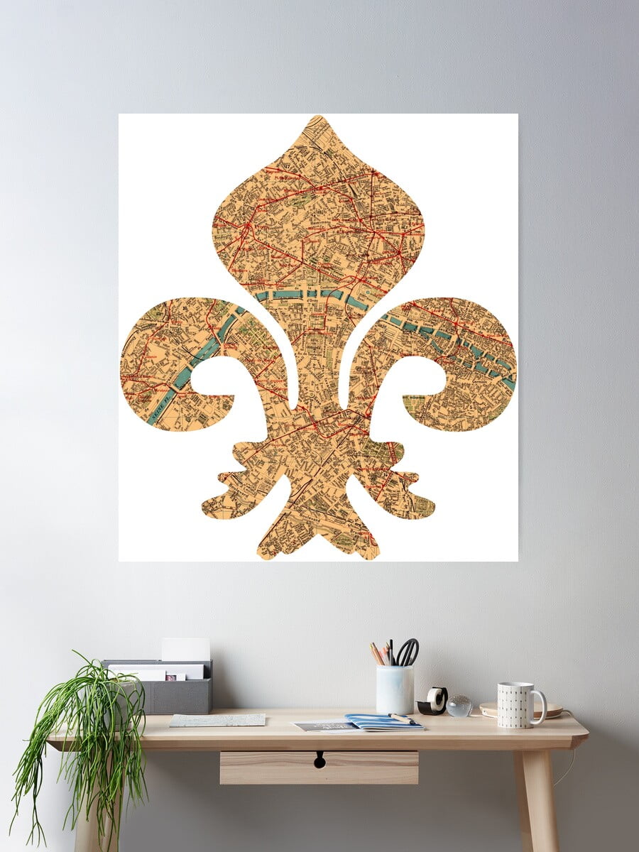 Fleur De Lis Shape Cut From A 1910 Map Of Paris Poster Wall Art, Modern ...