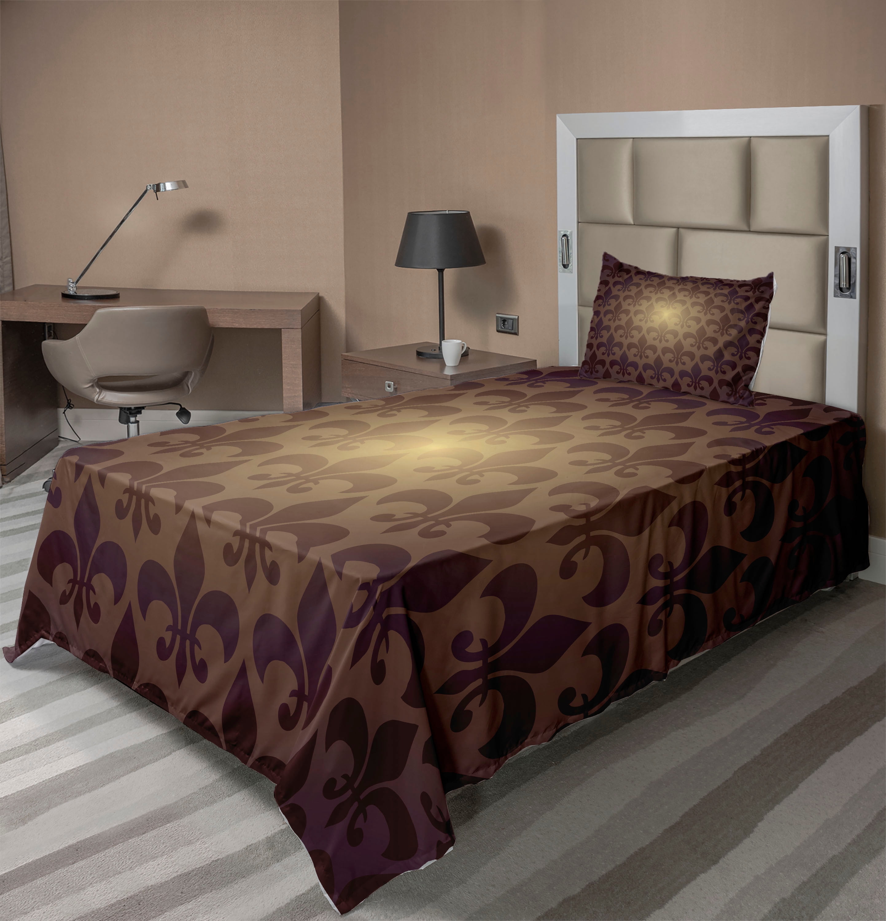 Ambesonne Brown Fitted & Top Sheet Set with Sham, Royal Flower, Brown ...
